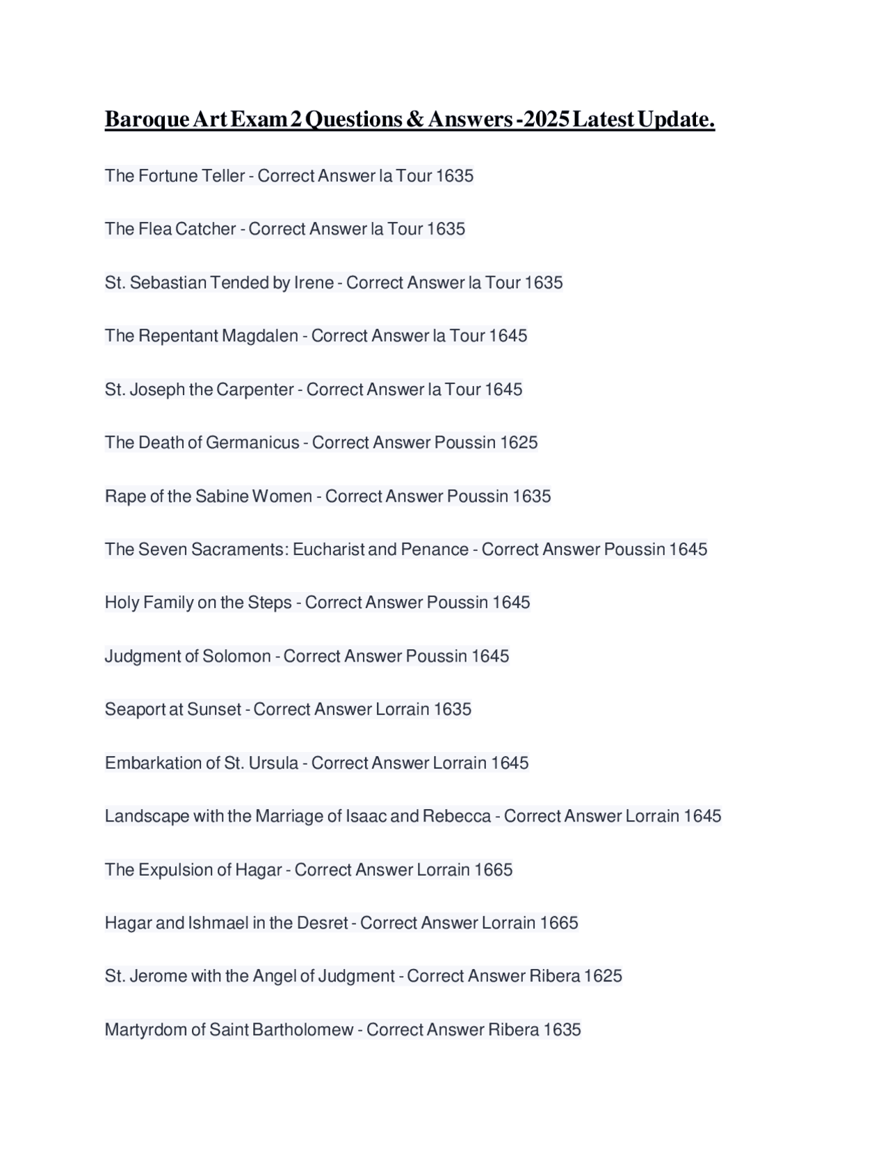 Baroque Art Exam 2 Questions & Answers - 2025 Latest Update | Exams Art ...