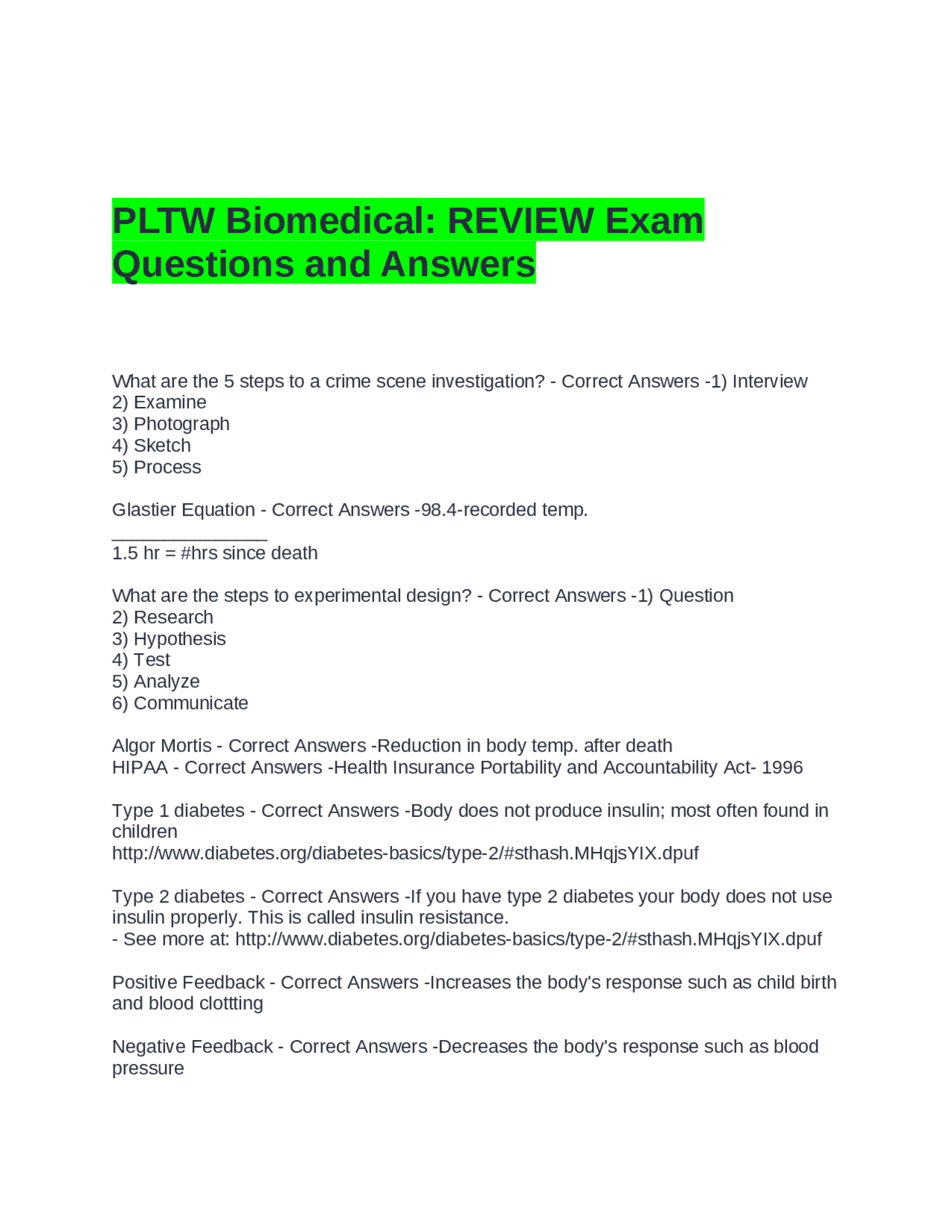 PLTW Biomedical REVIEW Exam Questions and Answers | Exams Nursing | Docsity