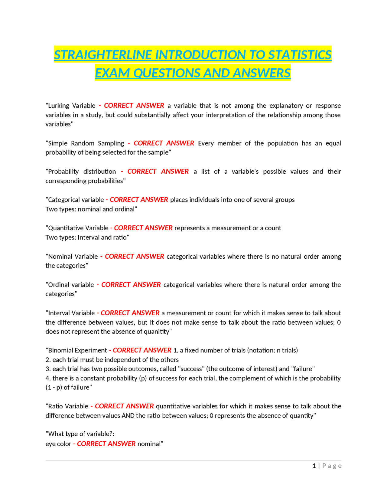 STRAIGHTERLINE INTRODUCTION TO STATISTICS | Exams Statistics | Docsity