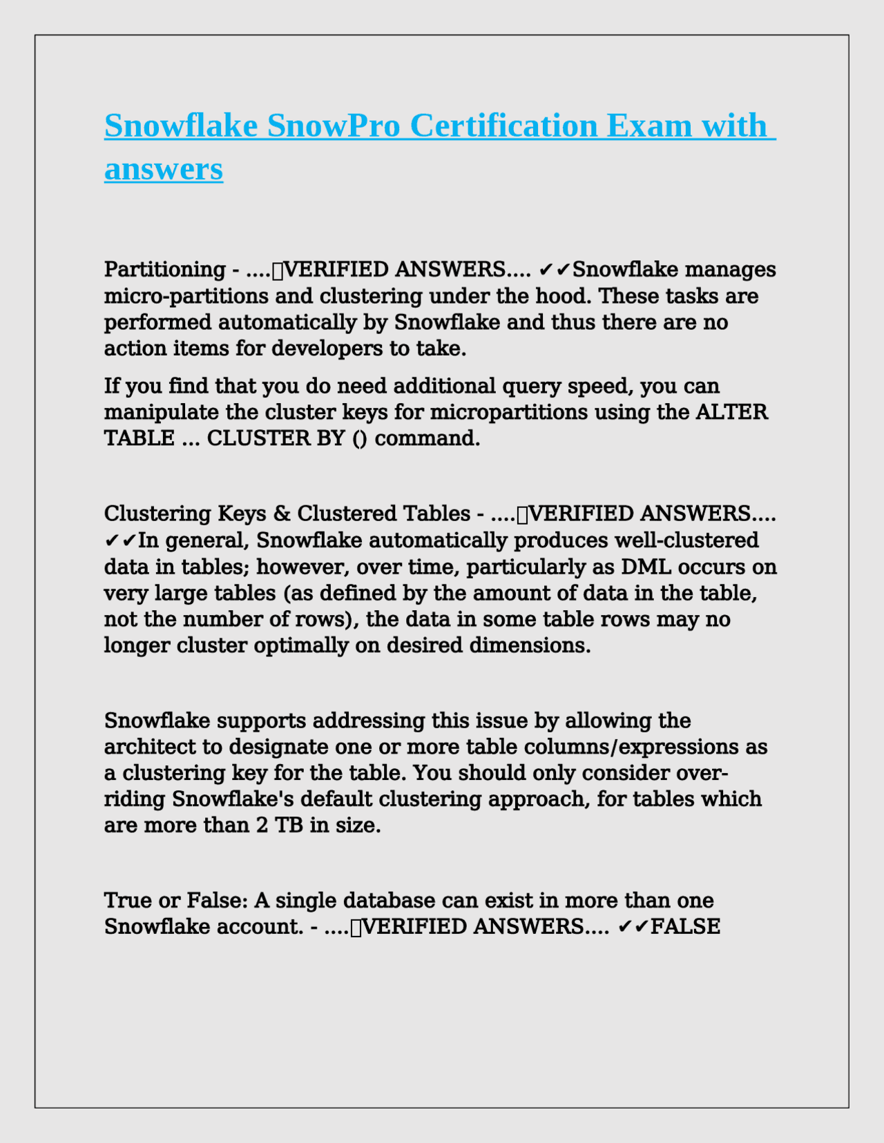 Snowflake SnowPro Certification Exam Questions and Answers | Exams Data Warehousing | Docsity