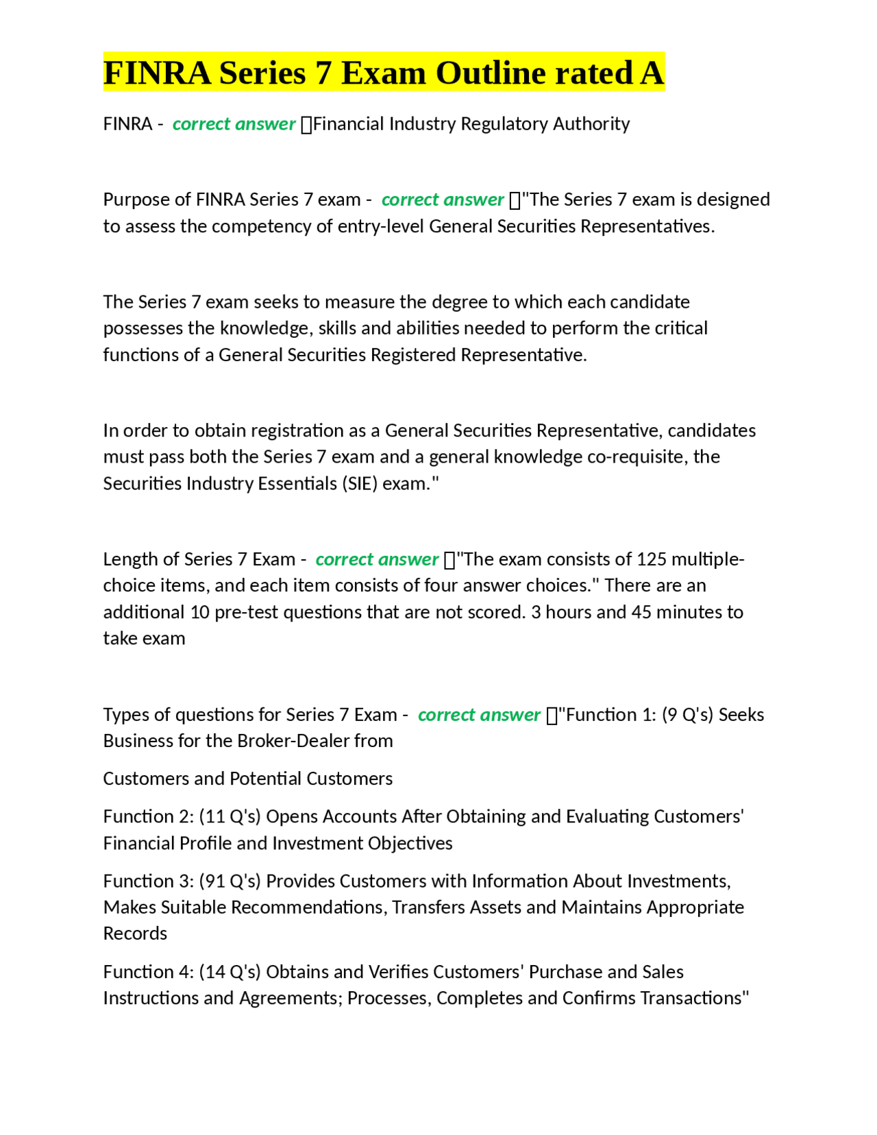 FINRA Series 7 Exam: Key Functions & Knowledge | Exams Finance | Docsity