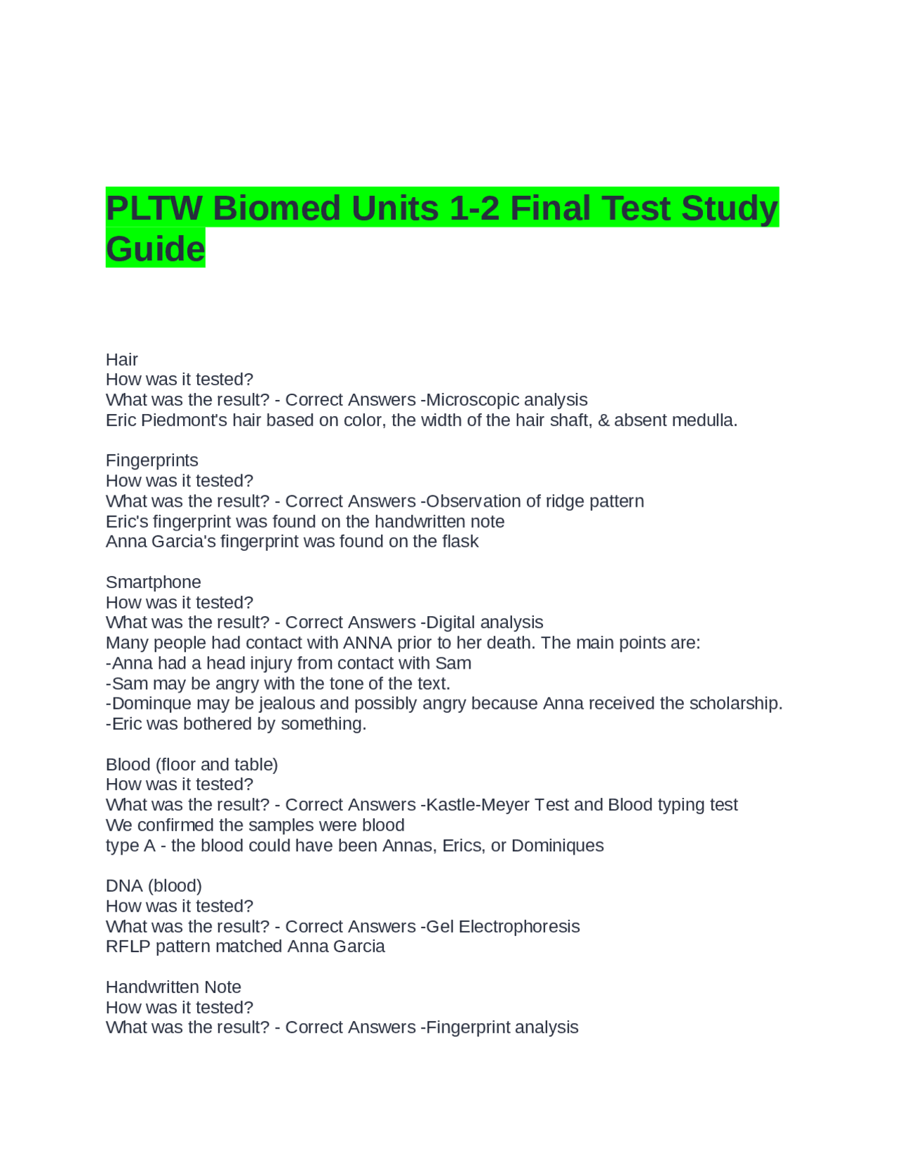 PLTW Biomed Units 1-2 Final Test Study Guide: Key Concepts & Answers ...