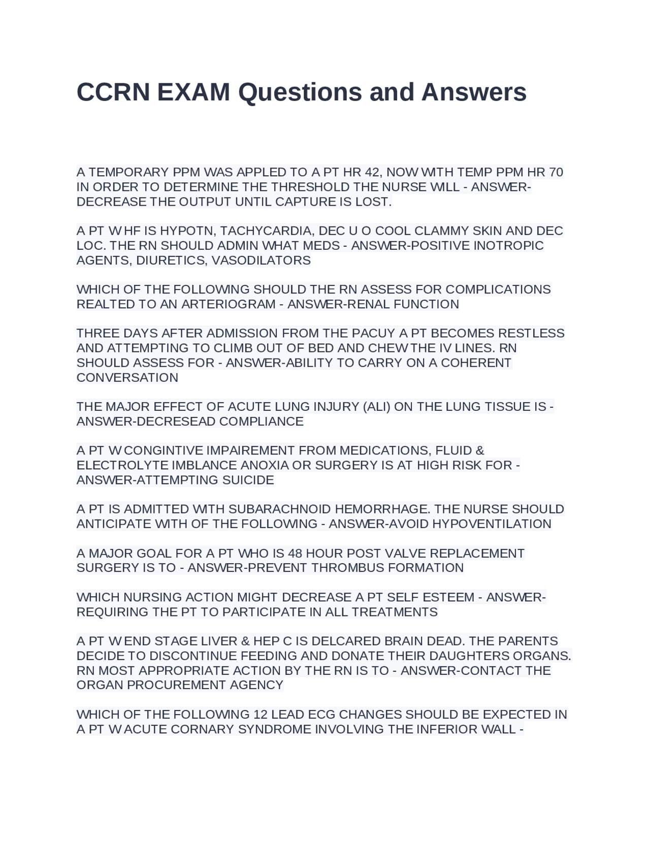 CCRN Exam Questions and Answers: Critical Care Nursing | Exams Nursing ...