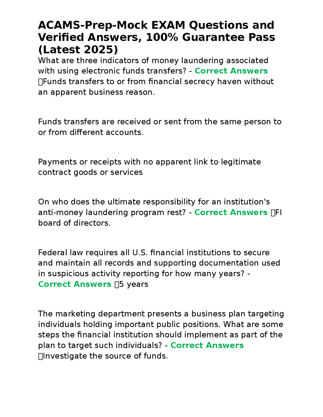 ACAMS-Prep-Mock EXAM Questions and Verified Answers, 100% Guarantee ...