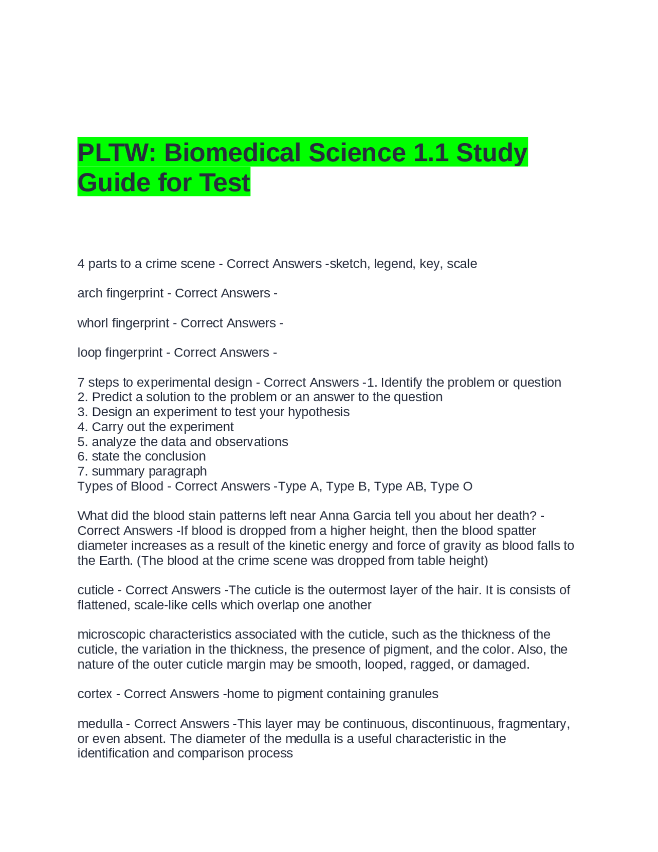 PLTW: Biomedical Science 1.1 Study Guide for Test | Exams Nursing | Docsity