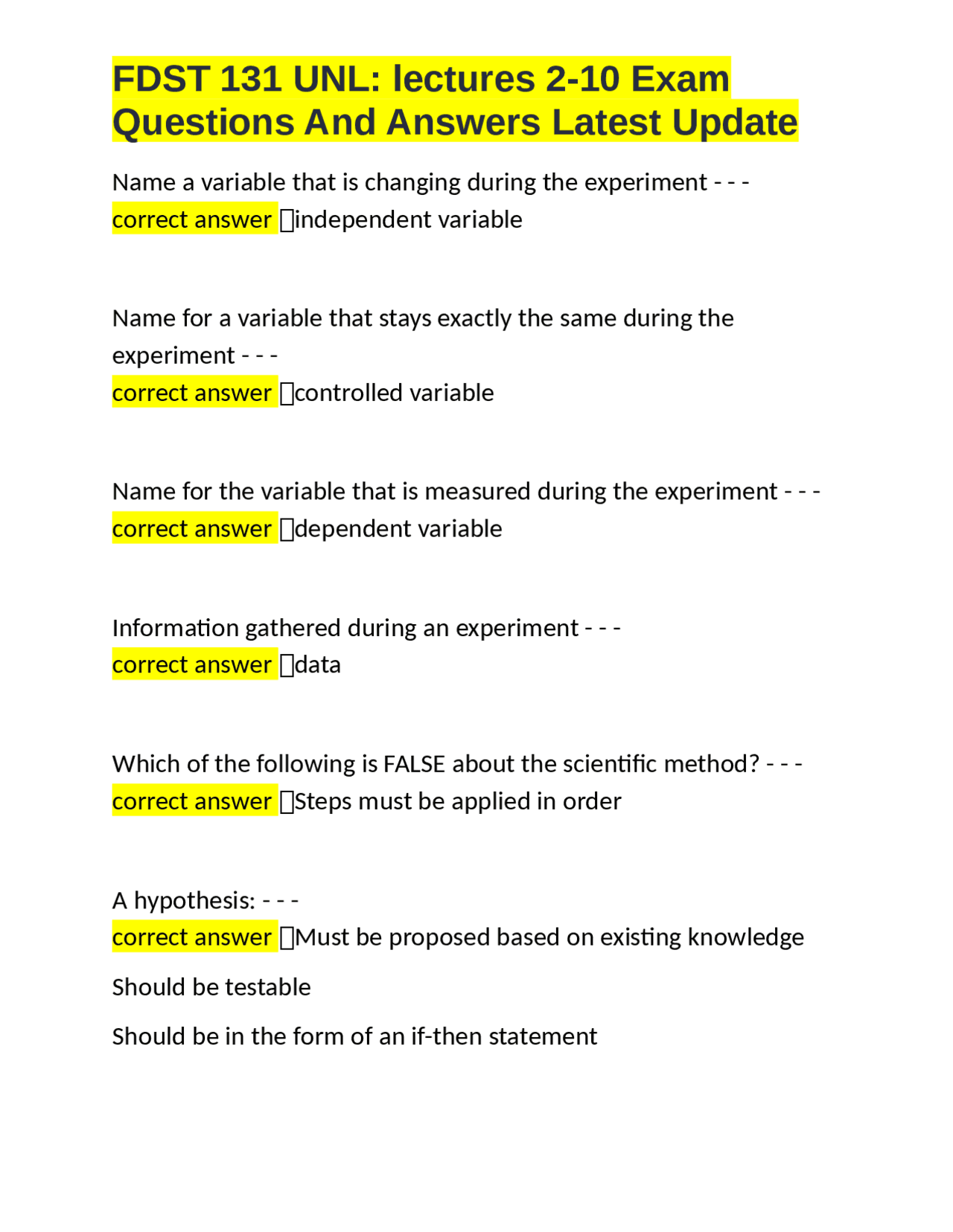 FDST 131 UNL: Lectures 2-10 Exam Questions and Answers | Exams Food ...