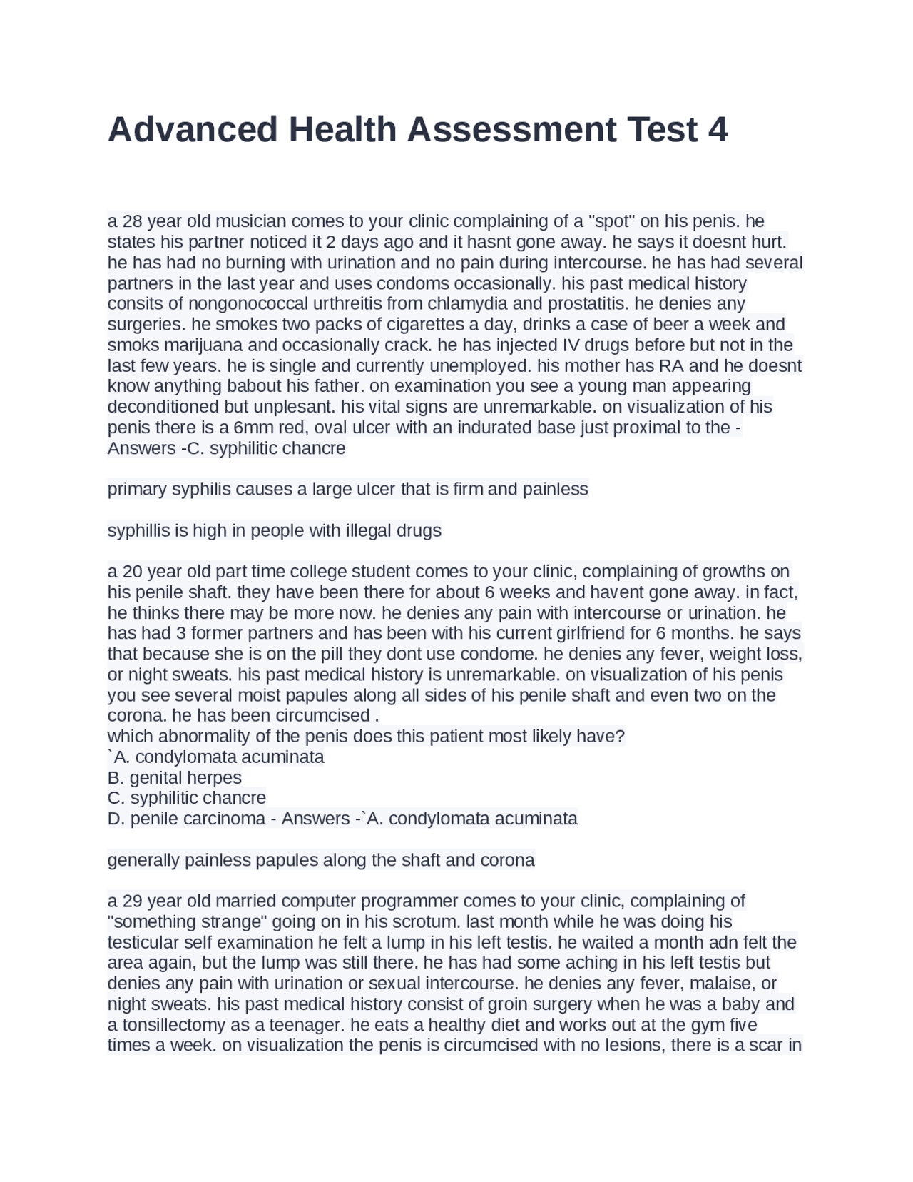 Advanced Health Assessment Test 4: Case Studies and Questions | Exams ...