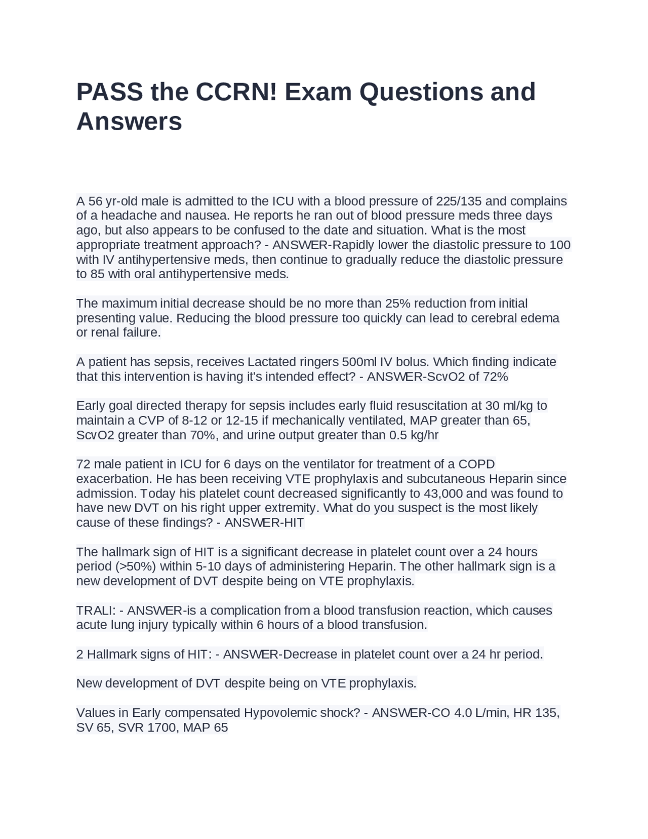 Critical Care Registered Nurse (CCRN) Exam Questions and Answers ...