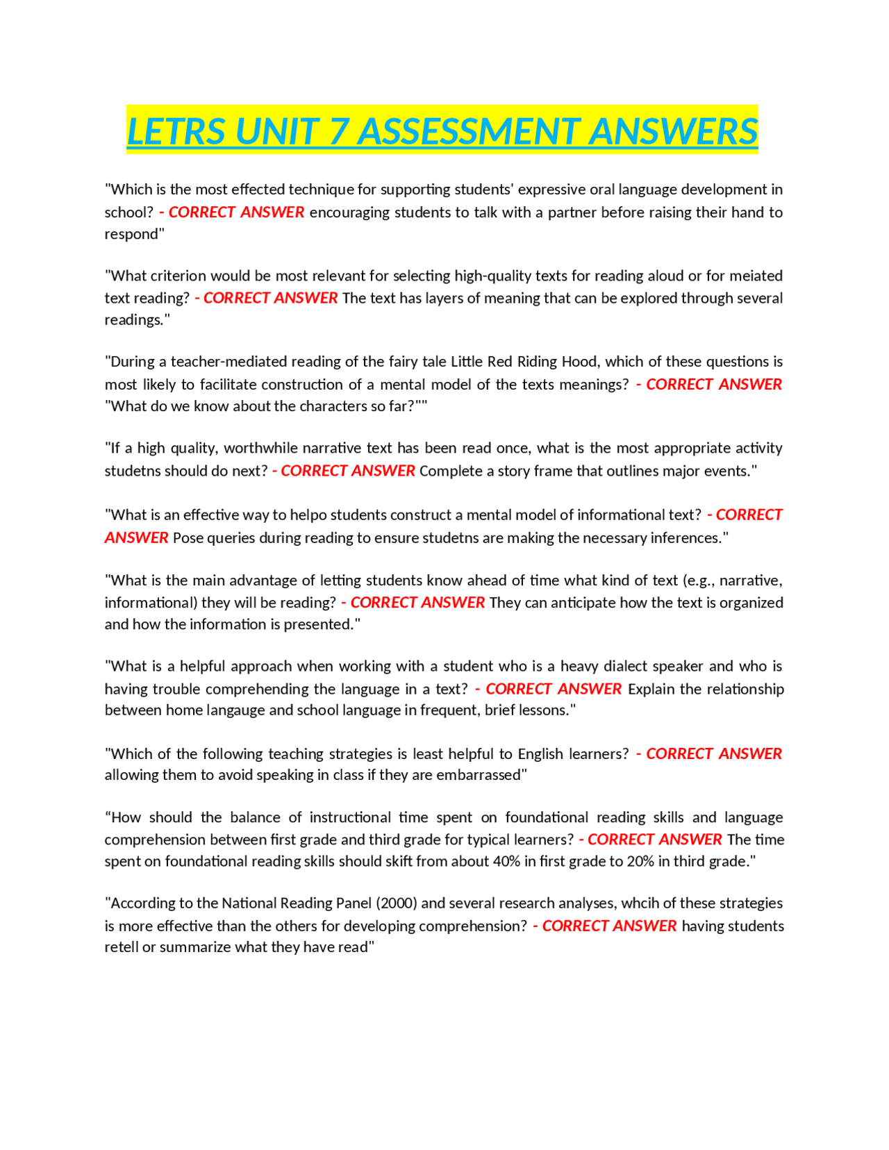 LETRS Unit 7 Assessment Answers: Supporting Language Development and ...