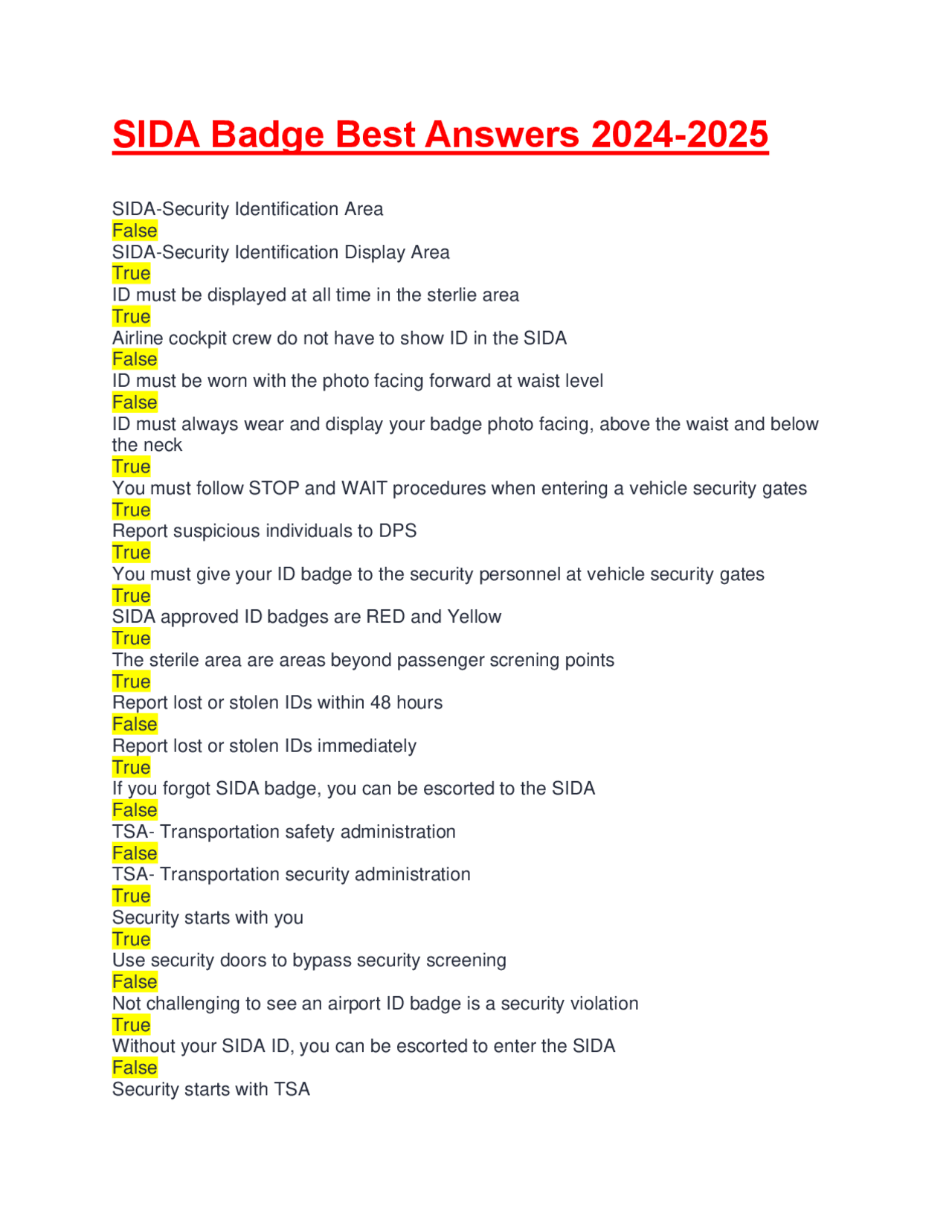 SIDA Badge Best Answers 2024-2025 | Exams Business Economics | Docsity