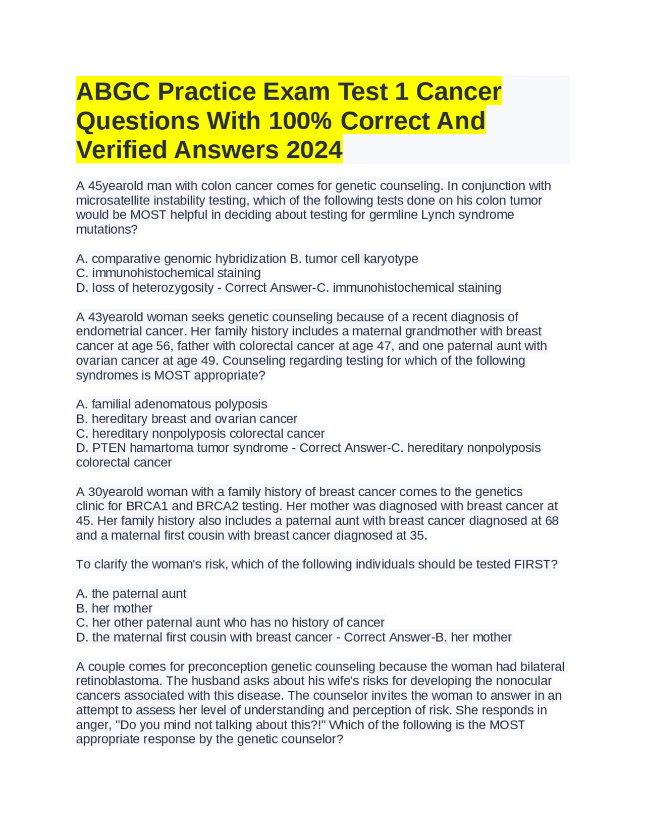 ABGC Practice Exam Test 1: Cancer Genetics Questions with Verified ...