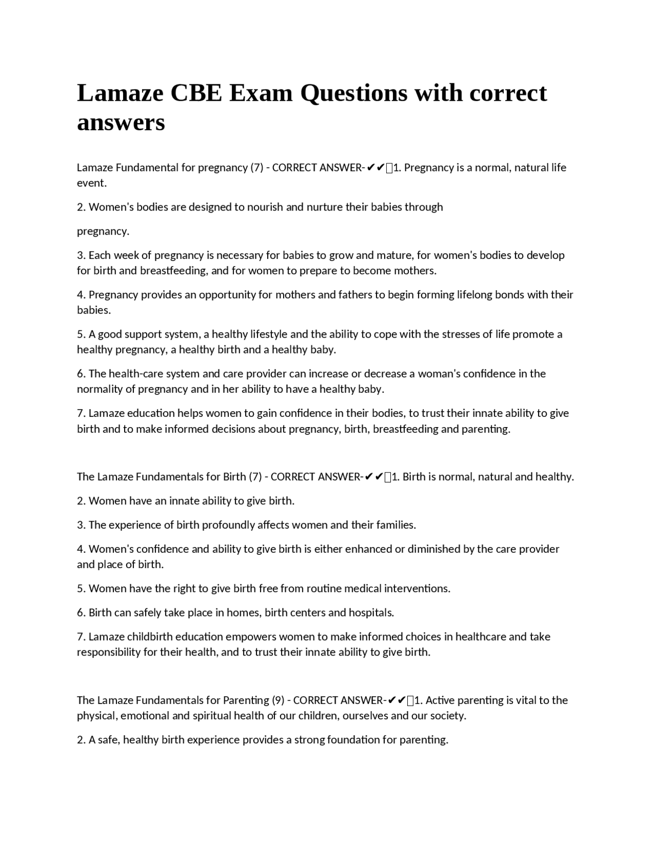 Lamaze Childbirth Education Exam Questions and Answers | Exams Health ...