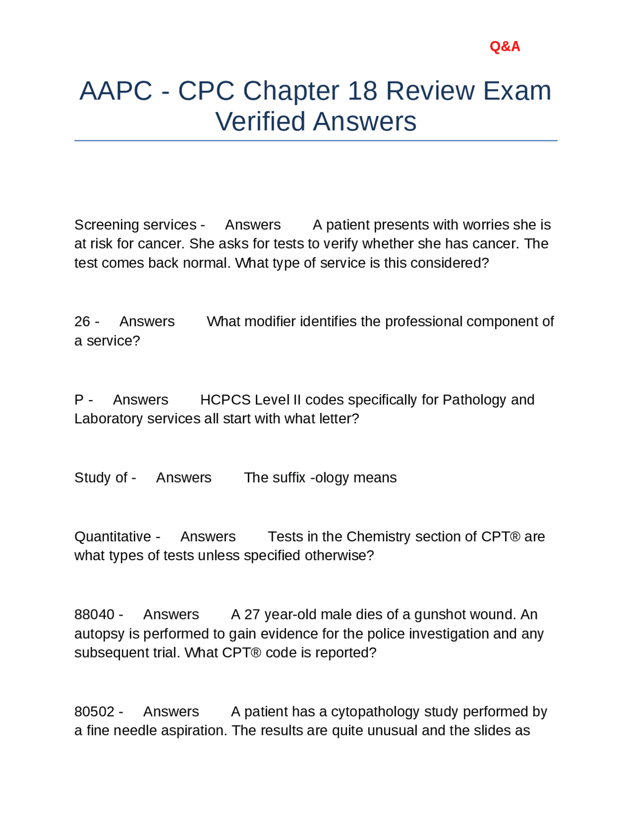 AAPC - CPC Chapter 18 Review Exam Verified Answers | Exams Nursing | Docsity