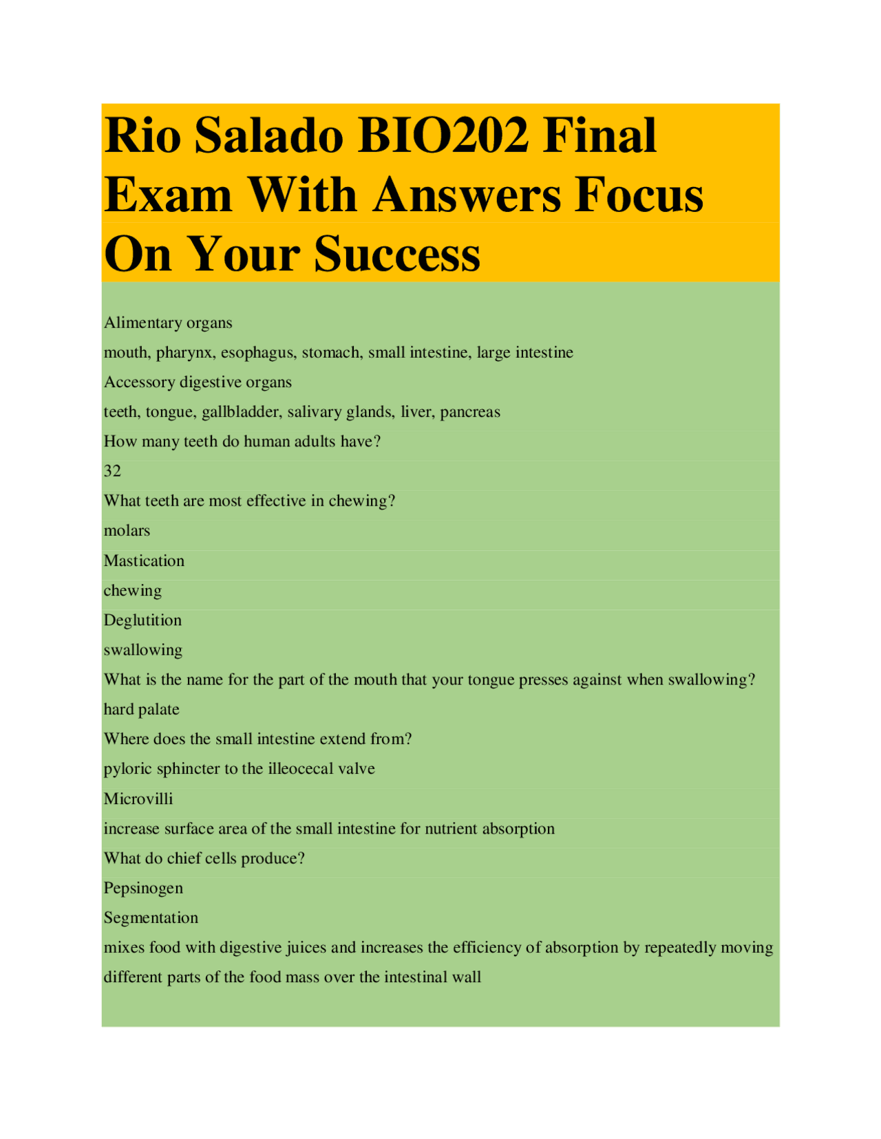 BIO202 Final Exam With Answers: Alimentary and Urinary Systems | Exams ...