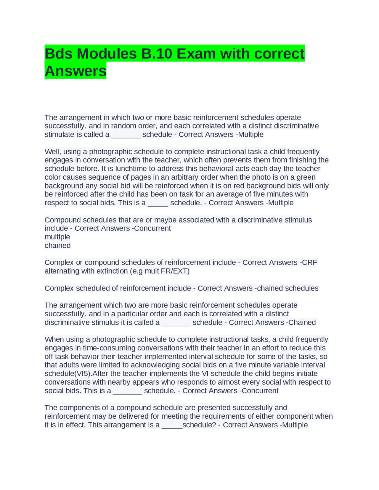 Bds Modules B.10 Exam with Correct Answers: Reinforcement Schedules ...