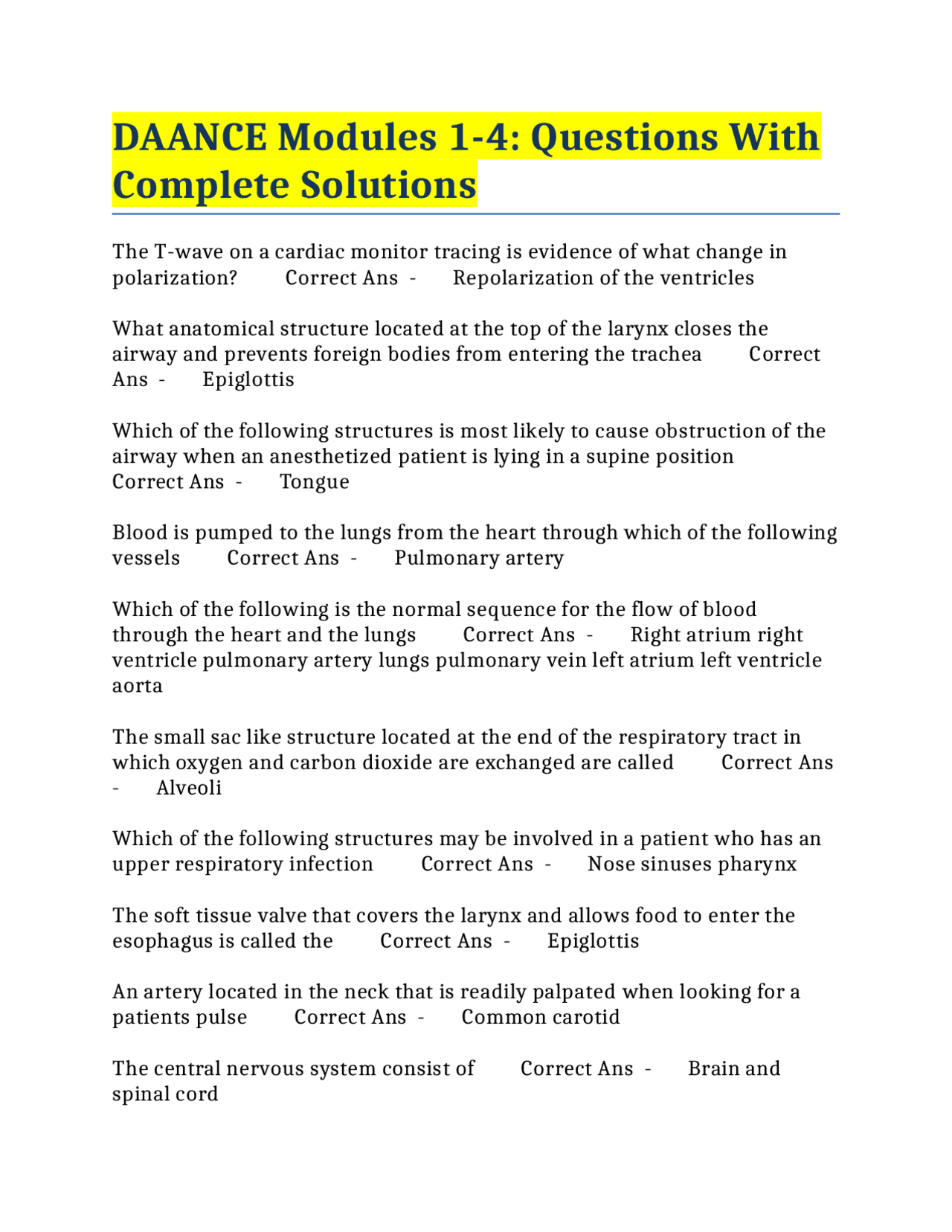DAANCE Modules 1-4: Anatomy and Physiology Questions with Complete Solutions | Exams Nursing ...