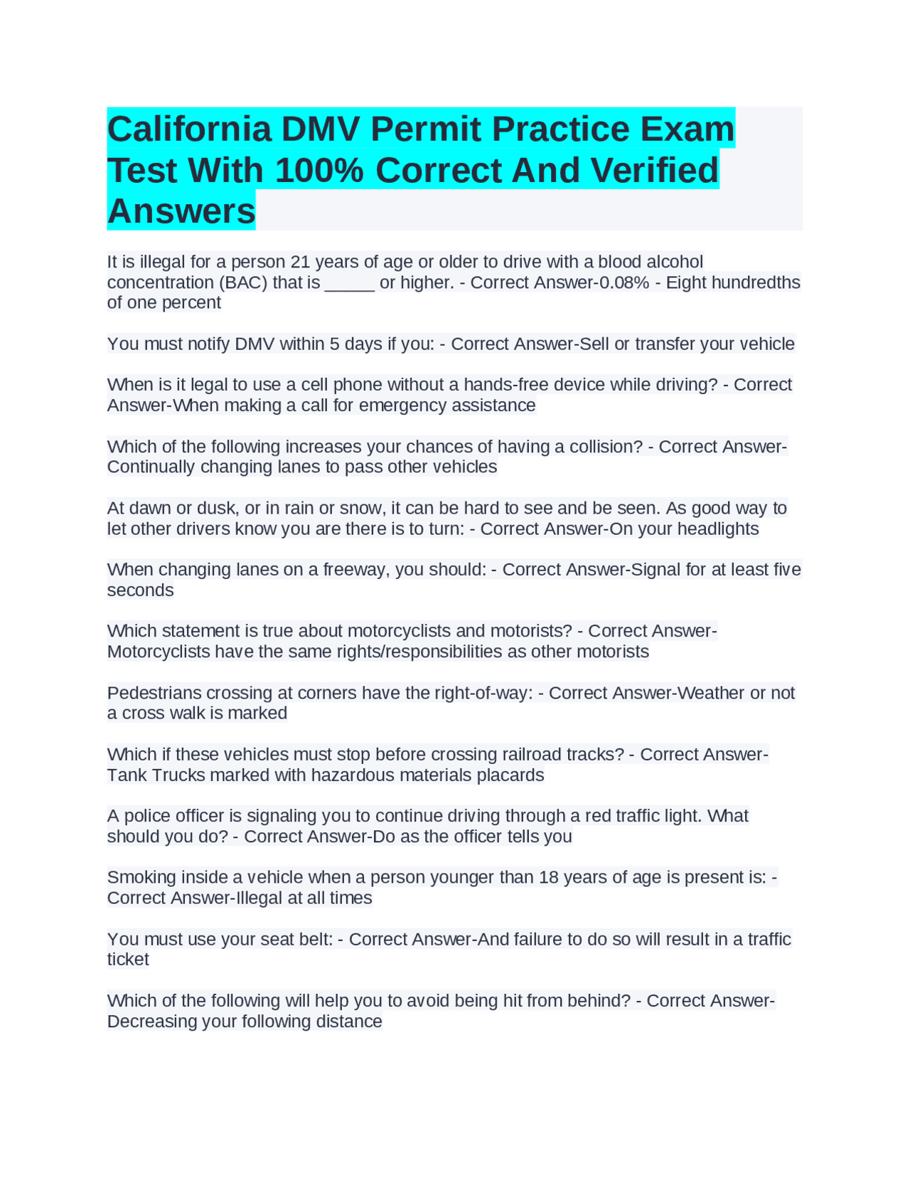 California DMV Permit Practice Exam: Test Your Knowledge with Verified ...