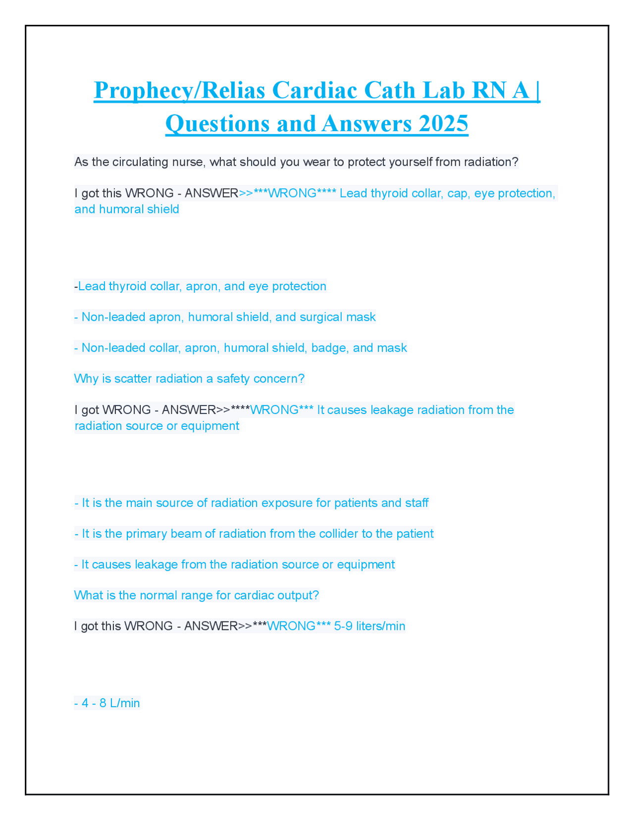Cardiac Cath Lab RN A: Questions and Answers 2025 | Exams Nursing | Docsity