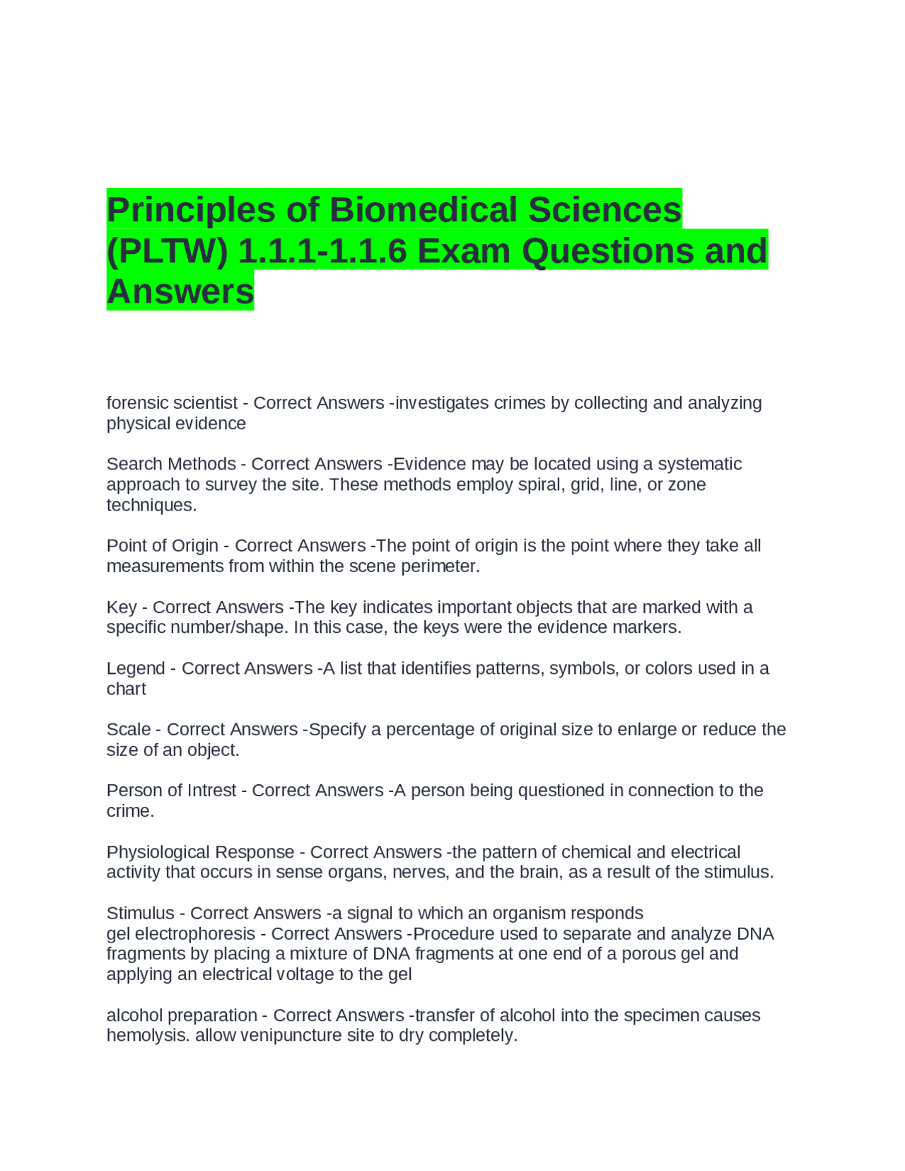 Principles Of Biomedical Science Pltw Answer Key