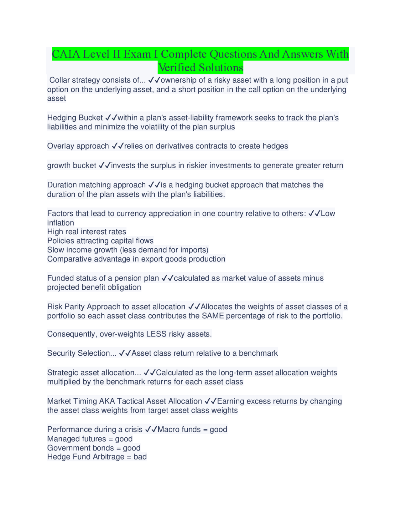 CAIA Level II Exam I Complete Questions And Answers With Verified ...