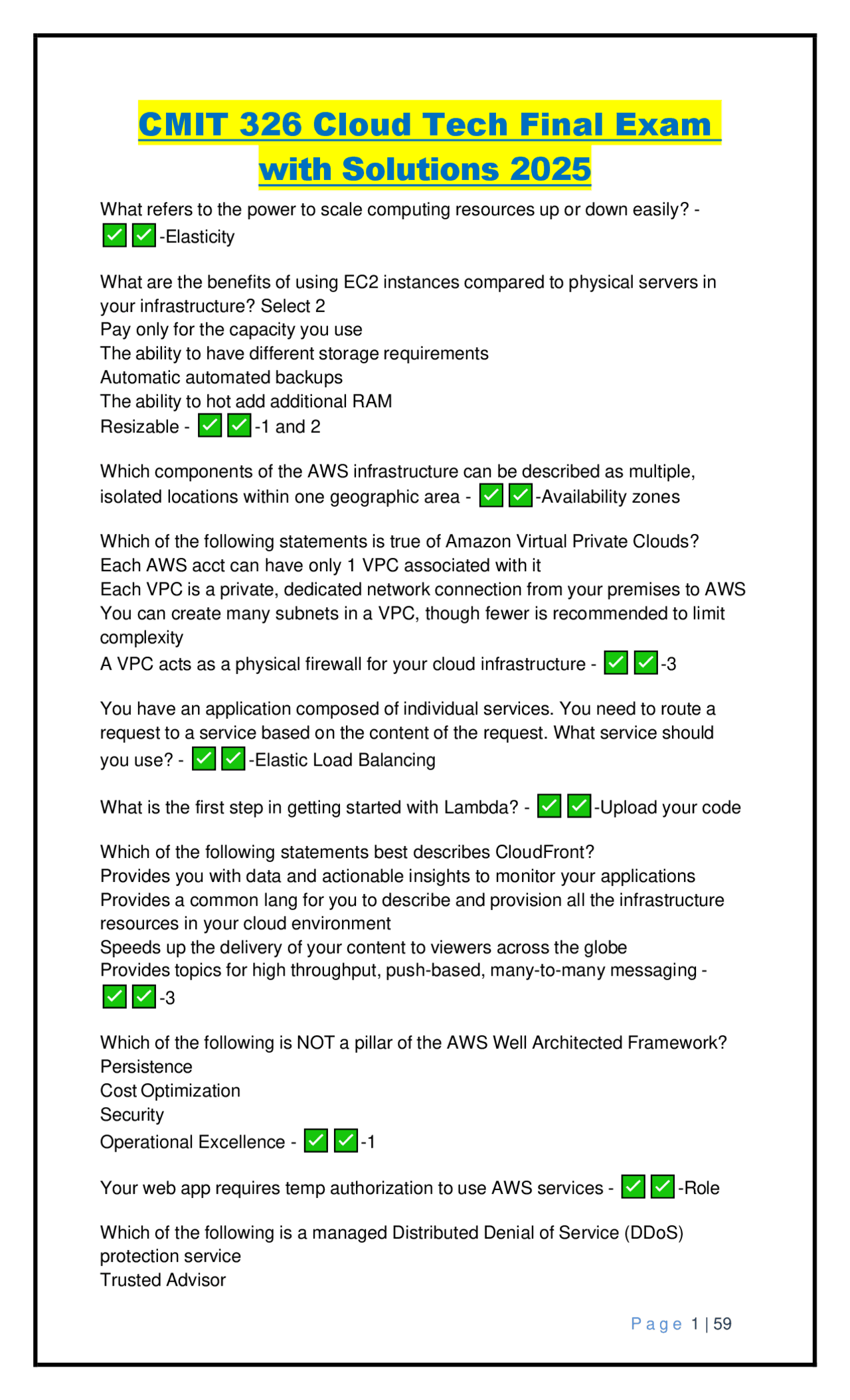 CMIT 326 Cloud Tech Final Exam with Solutions 2025 | Exams Information Technology | Docsity