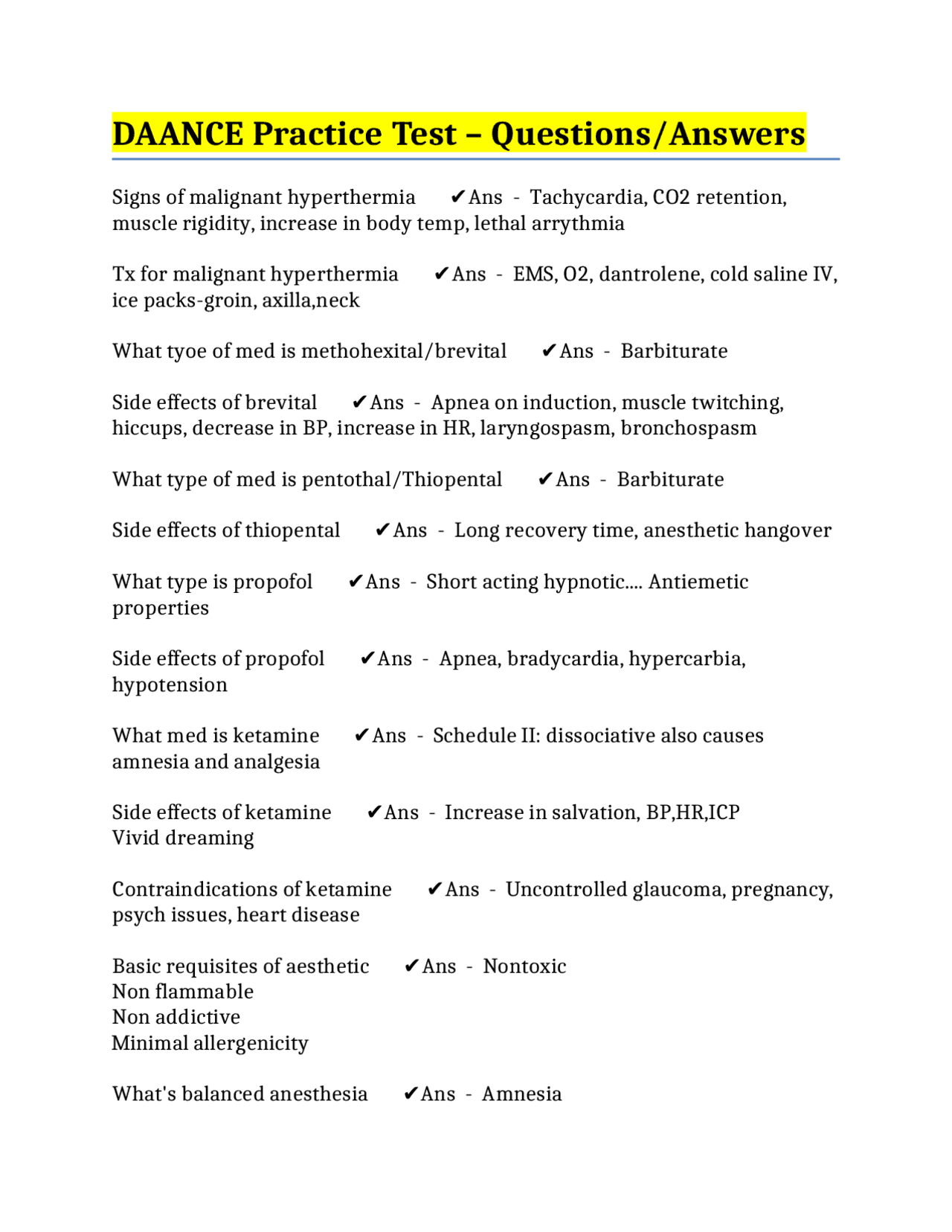 DAANCE Practice Test - Questions and Answers on Anesthesia and Medical ...