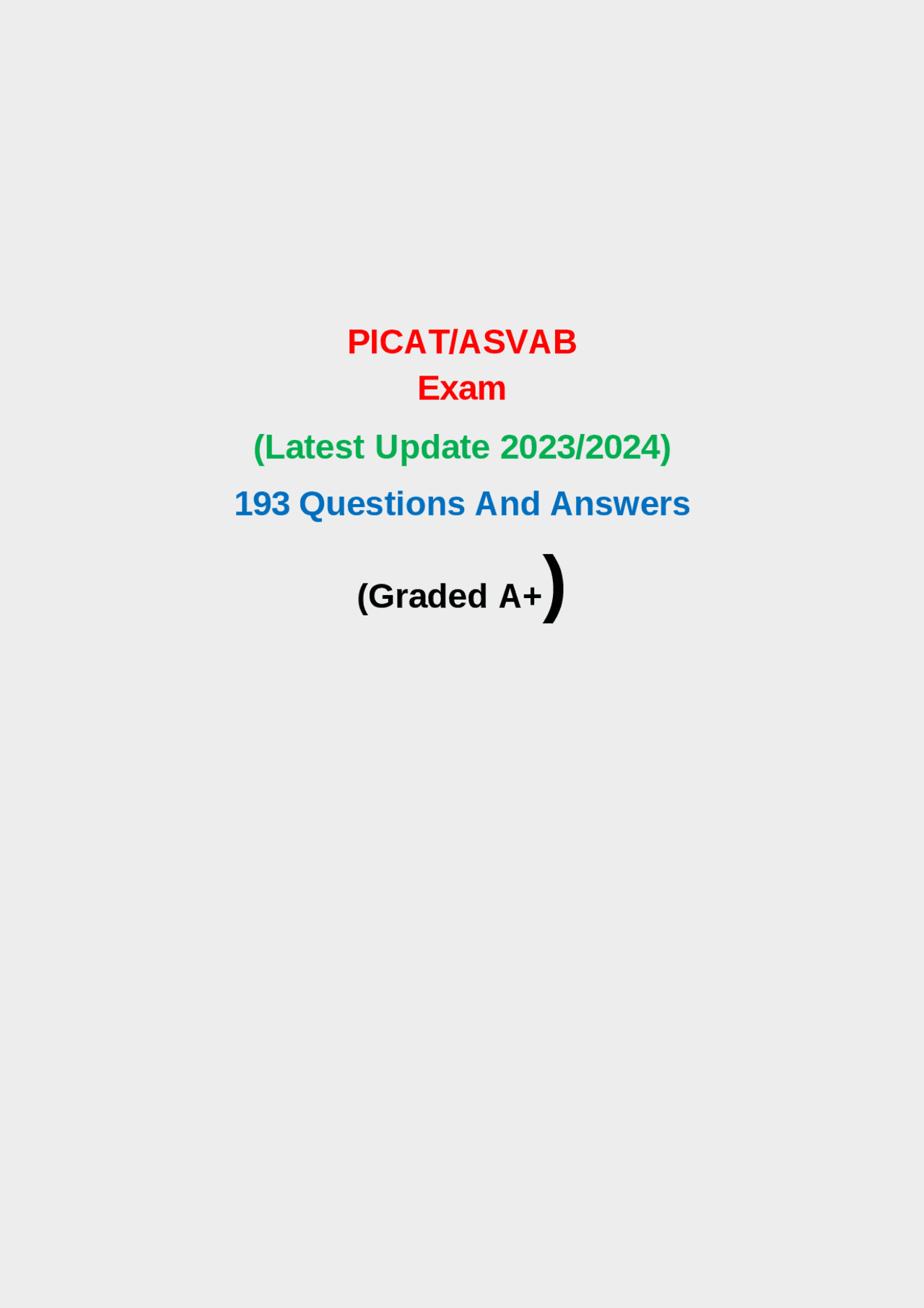 PICAT/ASVAB Exam (Latest Update 2023/2024) 193 Questions And Answers ...