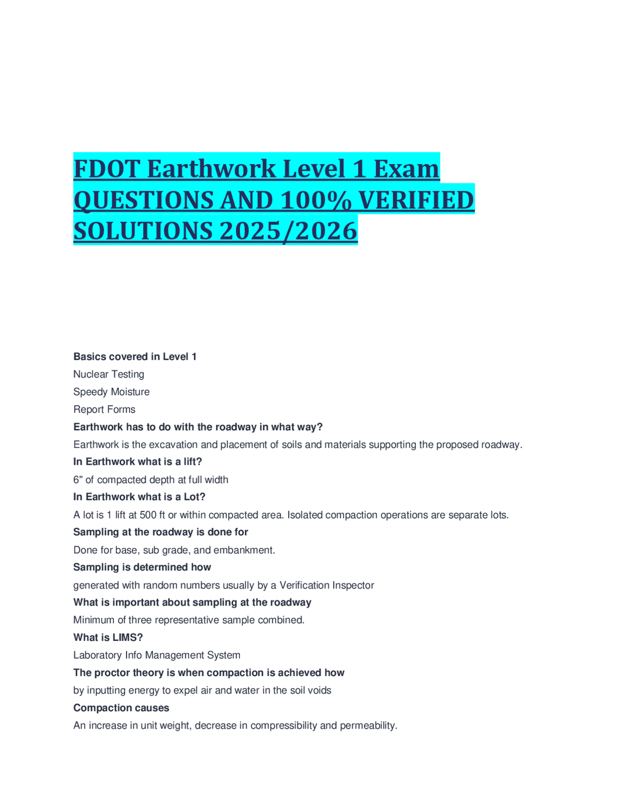 FDOT Earthwork Level 1 Exam QUESTIONS AND 100% VERIFIED SOLUTIONS 2025/ ...