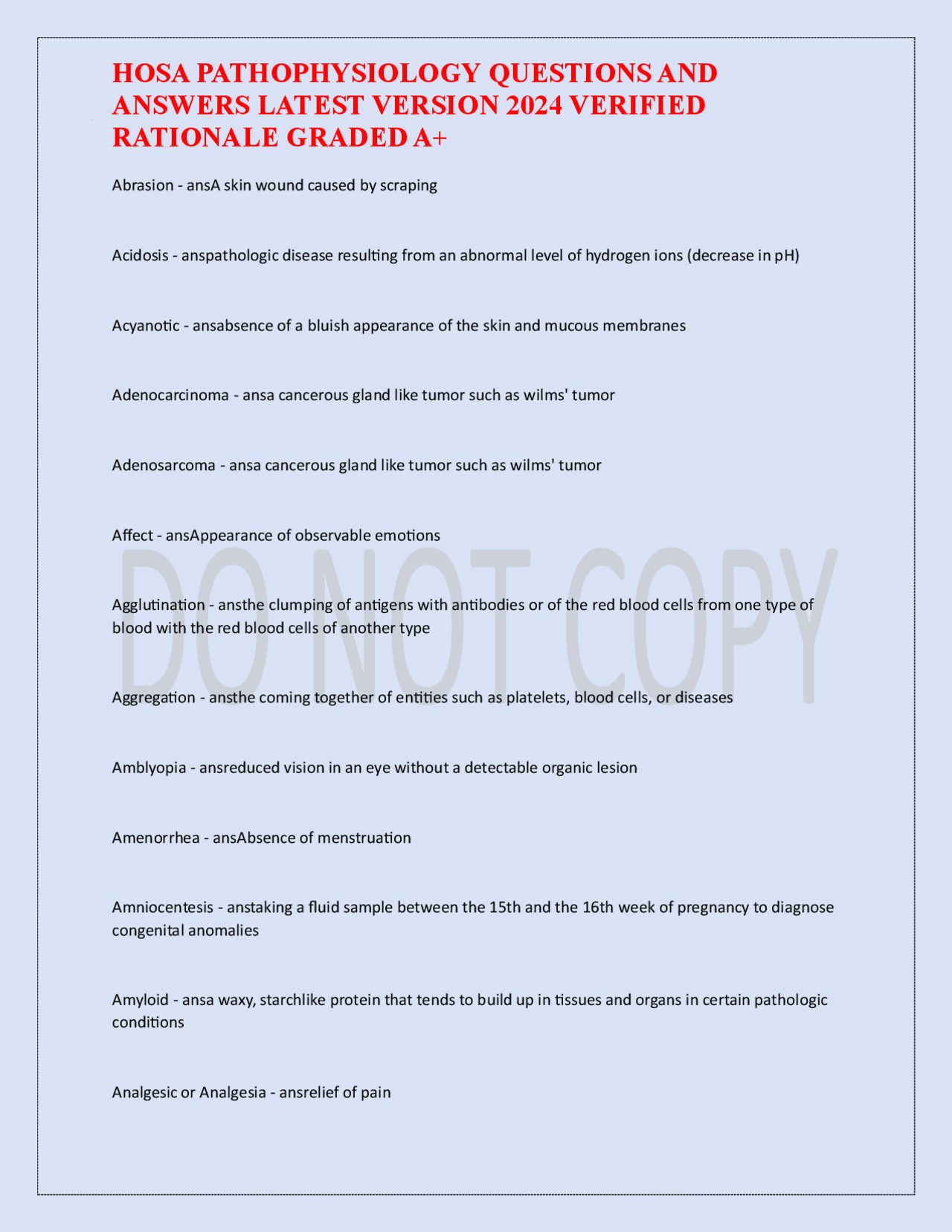HOSA PATHOPHYSIOLOGY QUESTIONS AND ANSWERS LATEST VERSION 2024 VERIFIED ...