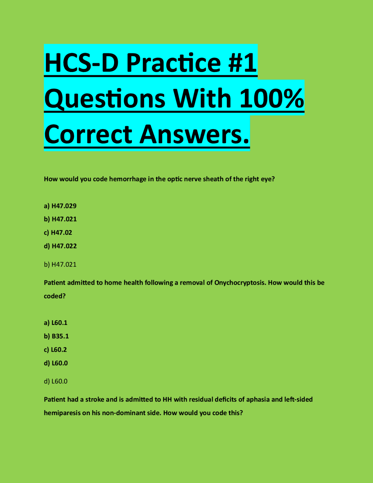HCS-D Practice #1 Questions With 100% Correct Answers. | Exams Health ...