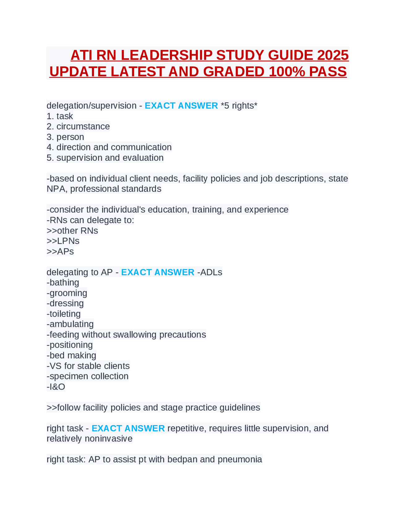 ATI RN LEADERSHIP STUDY GUIDE 2025 UPDATE LATEST AND GRADED 100% PASS ...