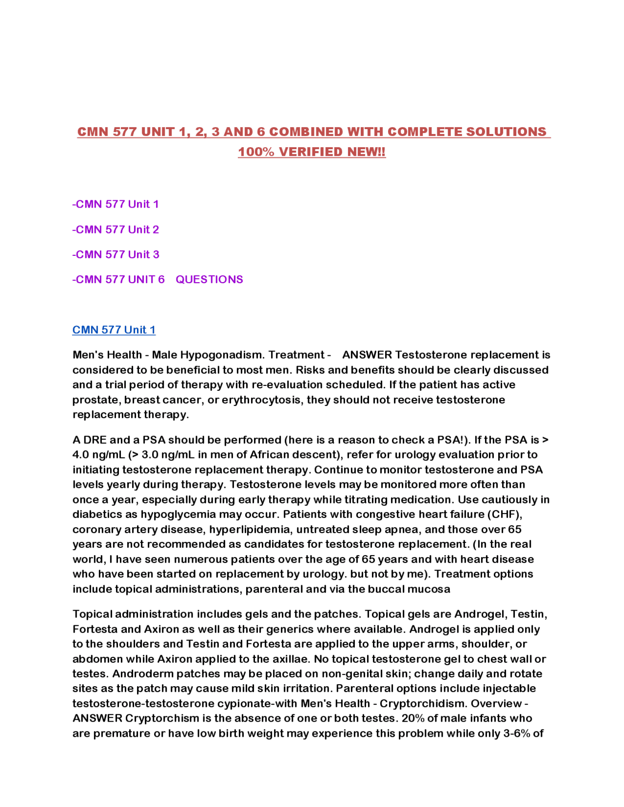 CMN 577 Units 1-3 & 6: Men's Health & Hepatitis Study Guide | Exams ...