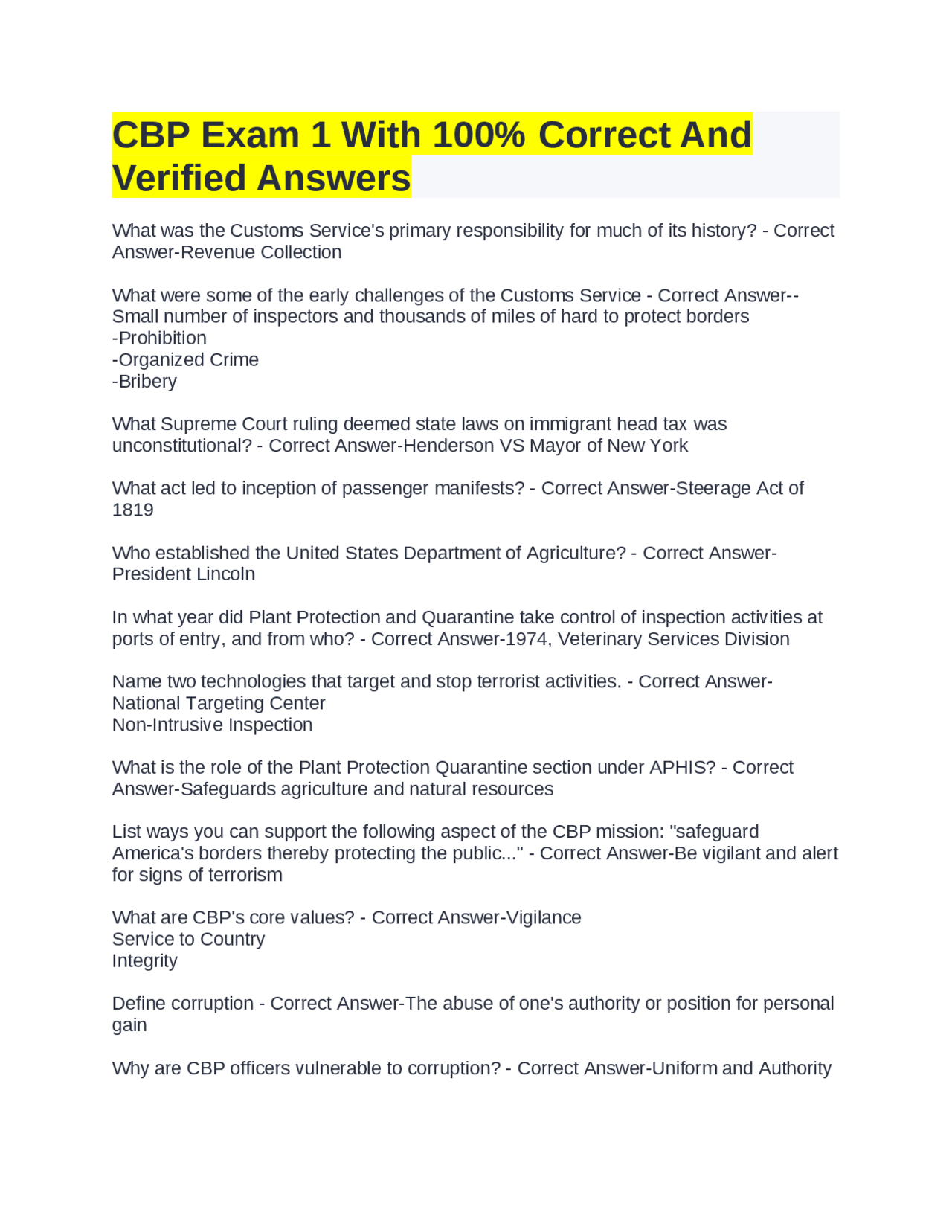 CBP Exam 1: Questions and Answers for Customs and Border Protection ...