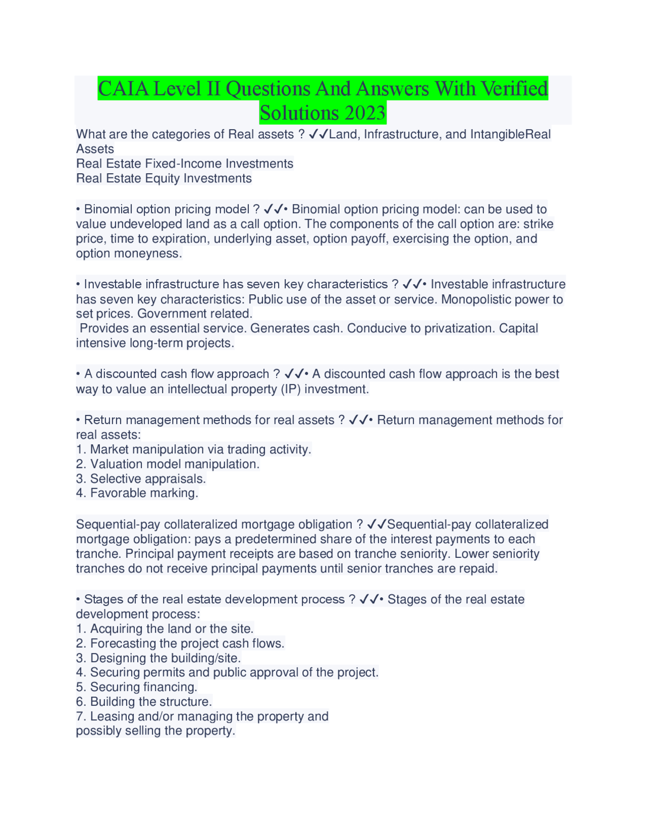 CAIA Level II Real Assets: Questions and Answers with Verified ...