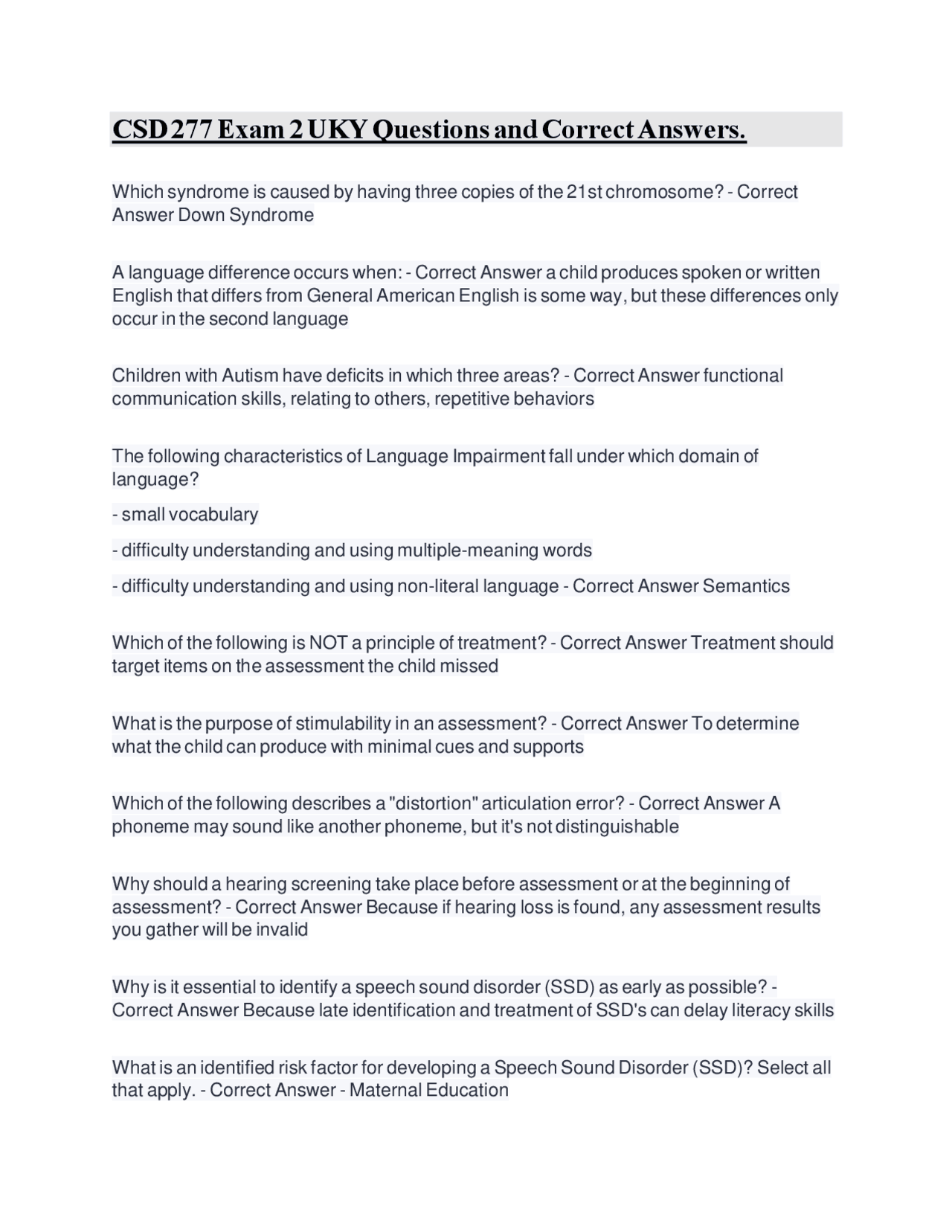 CSD 277 Exam 2 UKY: Questions and Answers on Speech, Language, and ...
