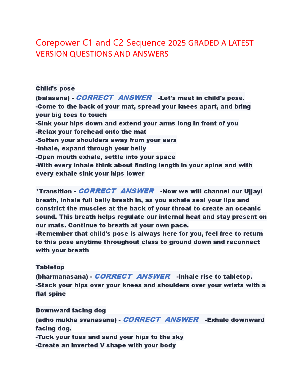 Corepower Yoga C1 and C2 Sequence 2025: Graded A Questions and Answers ...
