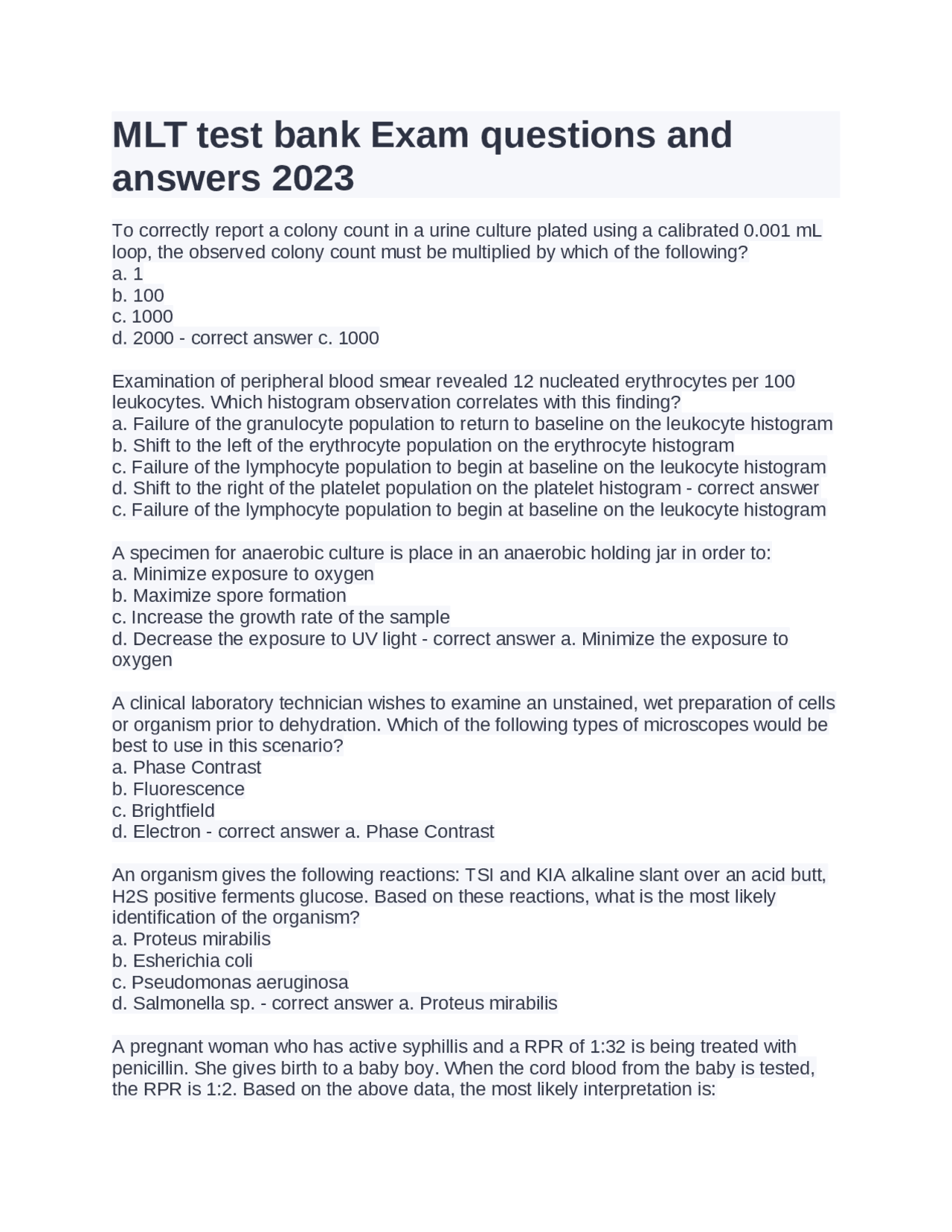 MLT Test Bank: Exam Questions and Answers 2023 | Exams Nursing | Docsity