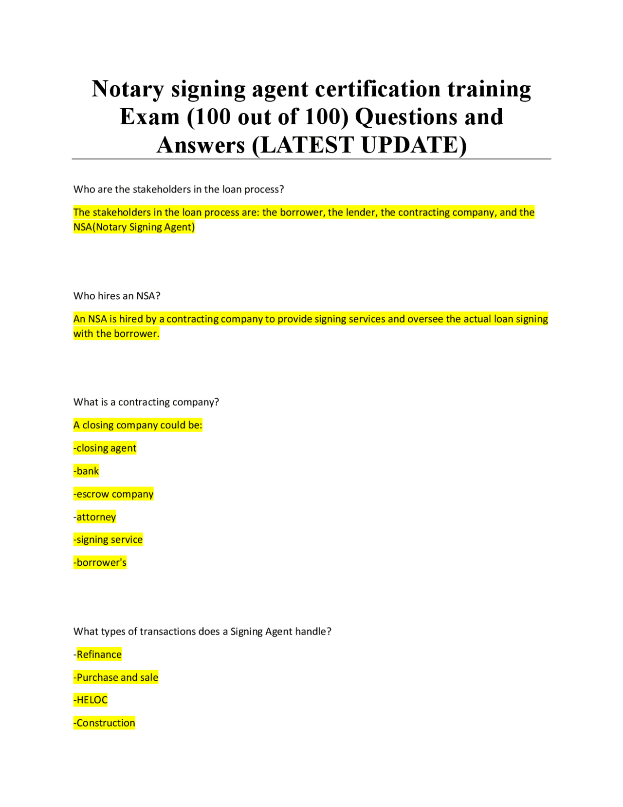 Notary signing agent certification training Exam (100 out of 100 ...