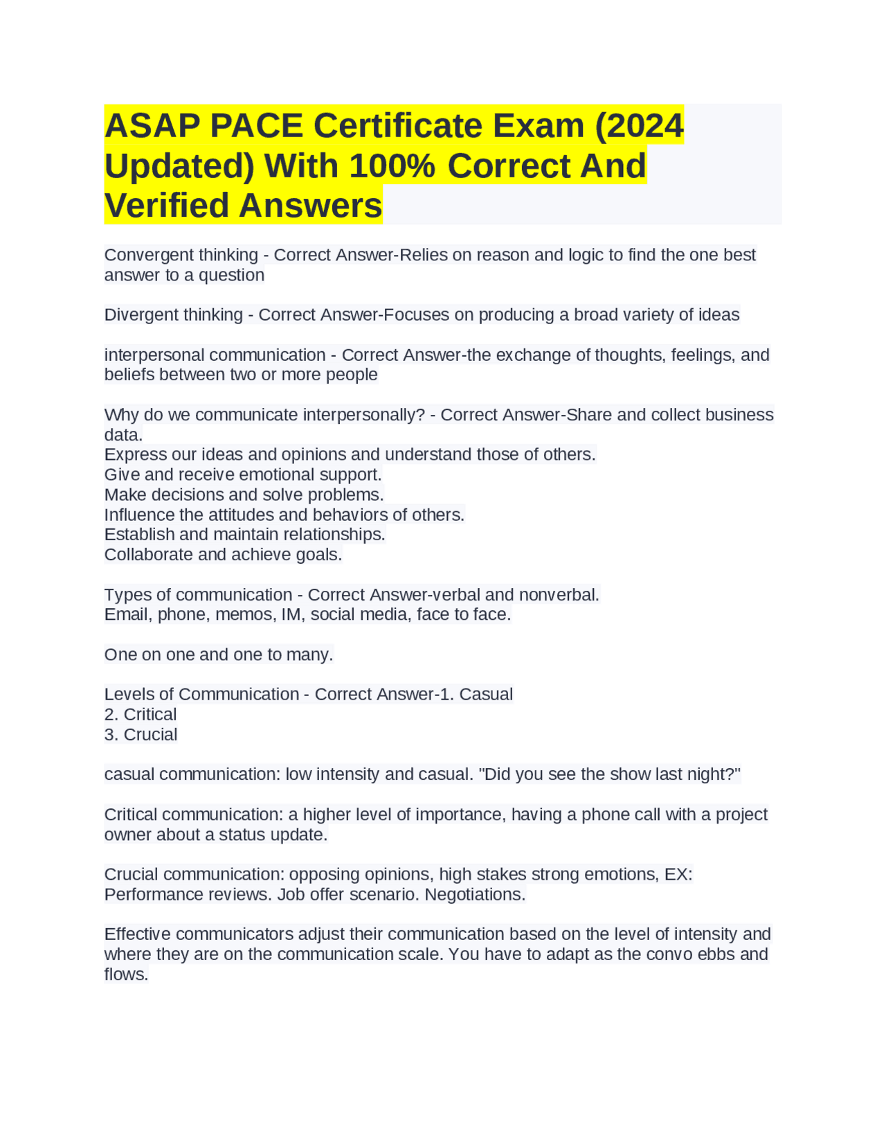 ASAP PACE Certificate Exam (2024 Updated) With 100% Correct And ...