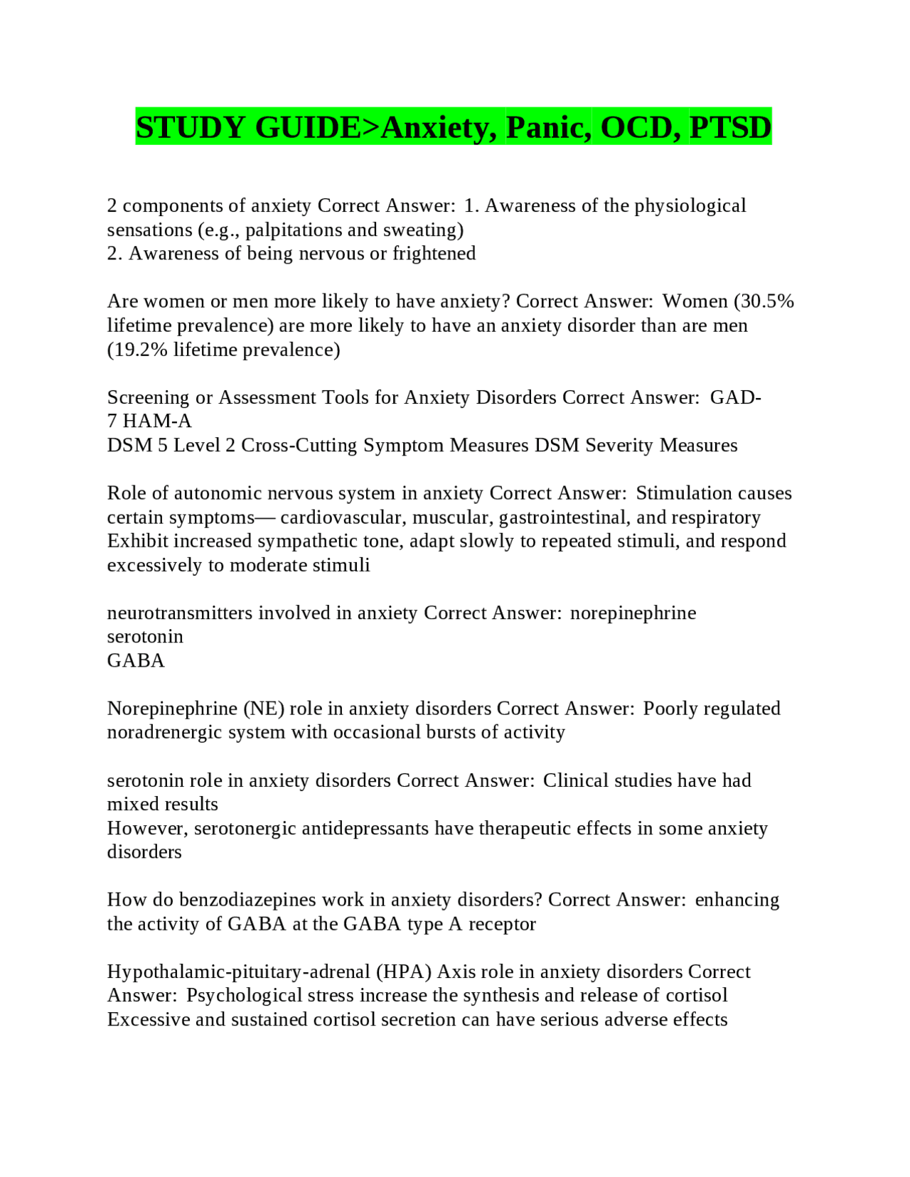 Anxiety, Panic, OCD, PTSD: A Study Guide with Questions and Answers ...