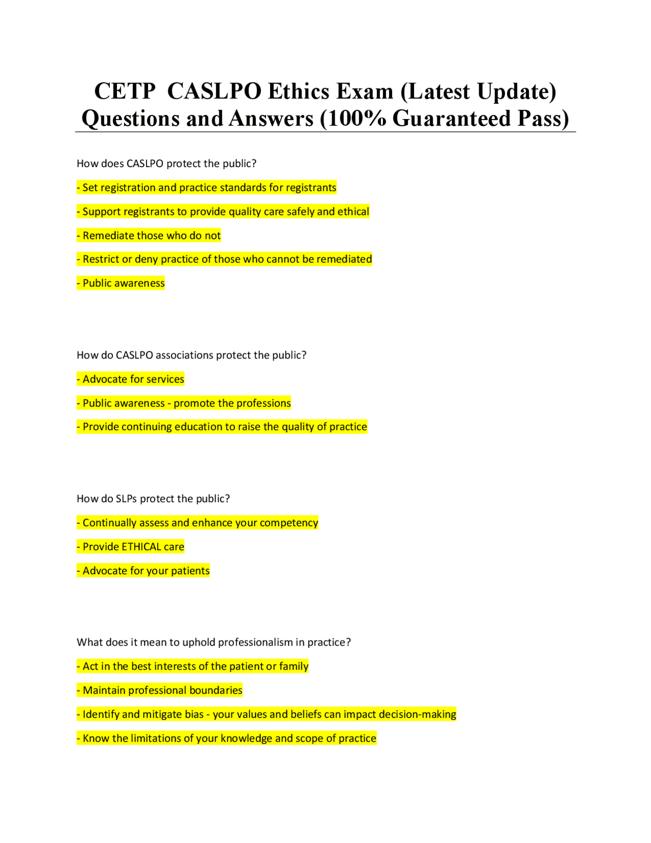 CETP CASLPO Ethics Exam (Latest Update) Questions and Answers (100% ...