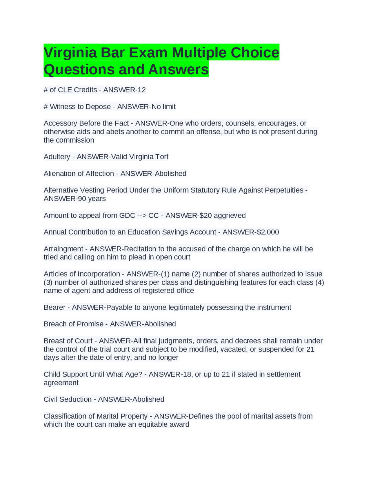 Virginia Bar Exam Multiple Choice Questions and Answers | Exams ...