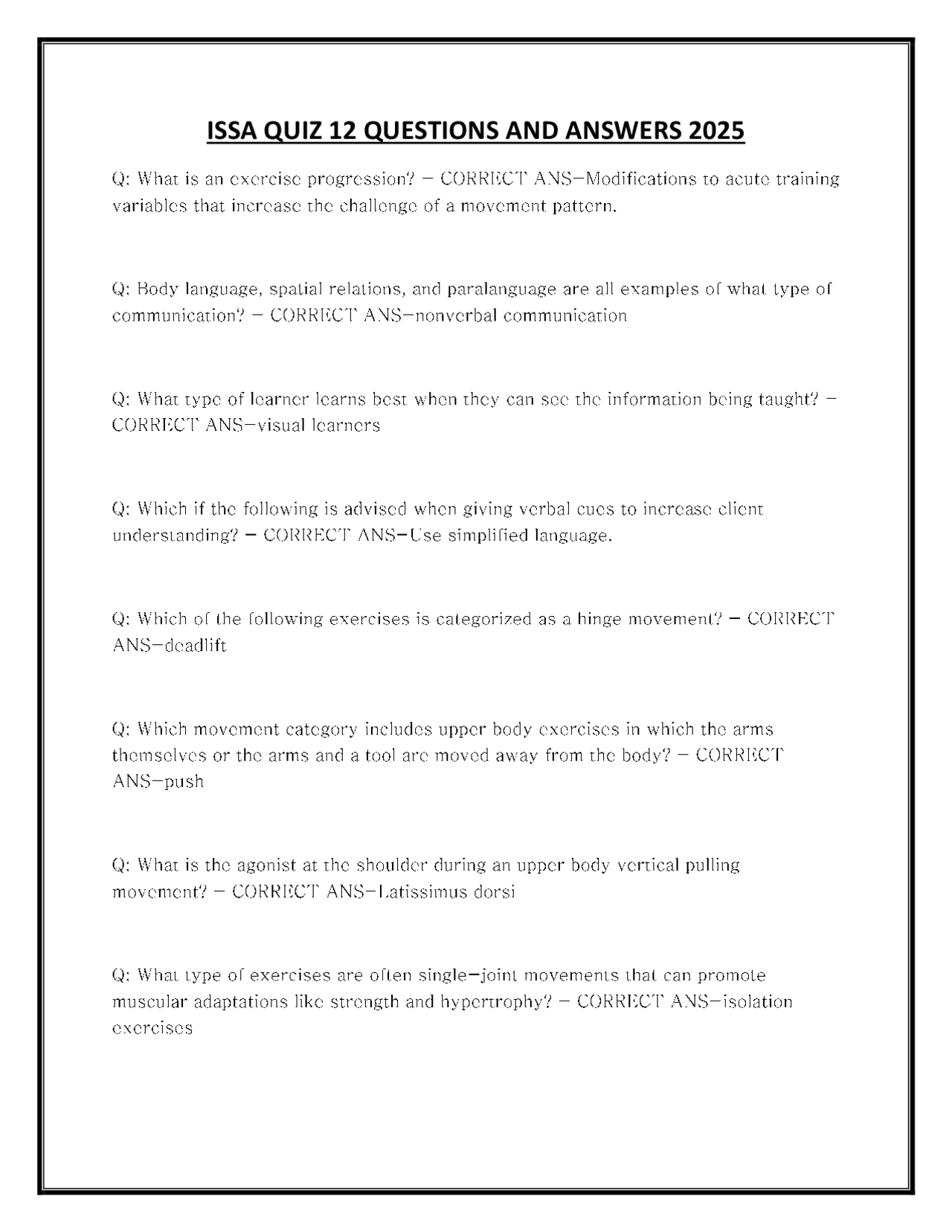 ISSA QUIZ 12 QUESTIONS AND ANSWERS 2025 | Exams Nursing | Docsity
