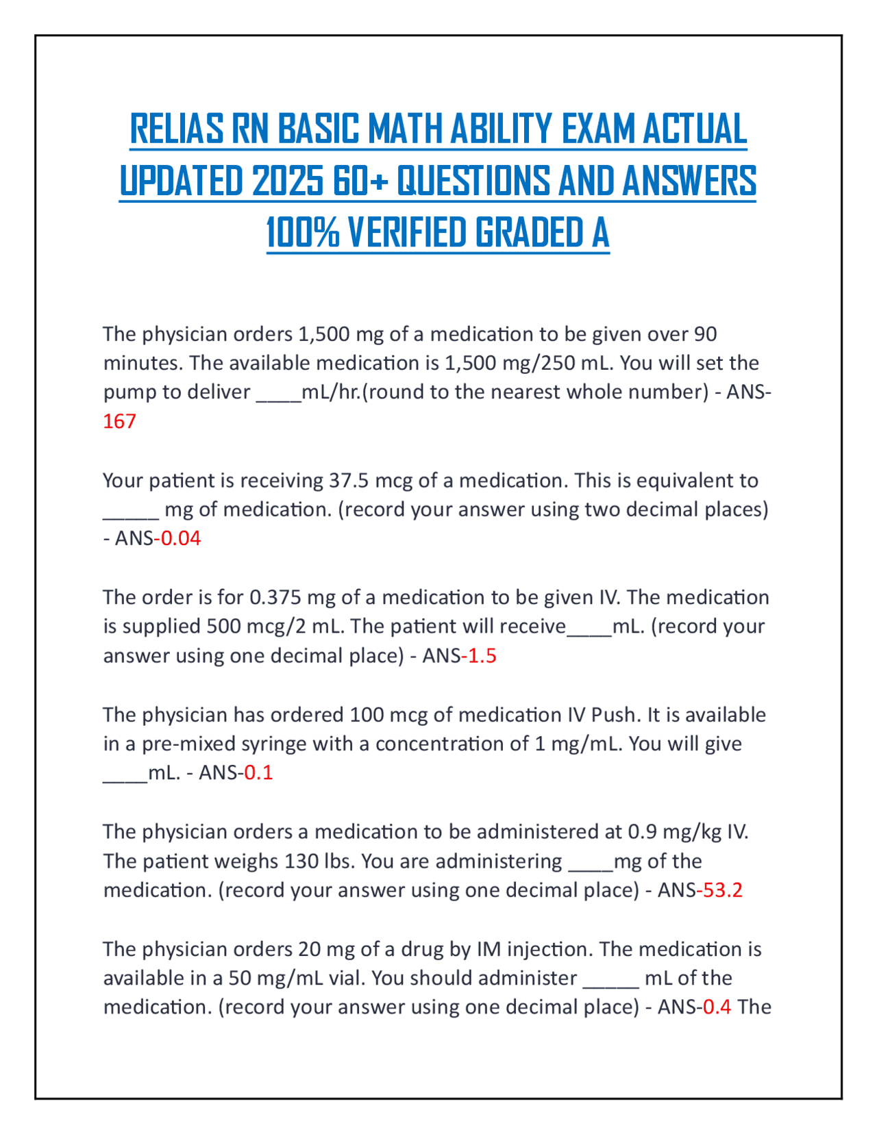 RELIAS RN BASIC MATH ABILITY EXAM ACTUAL UPDATED 2025 60+ QUESTIONS AND ...