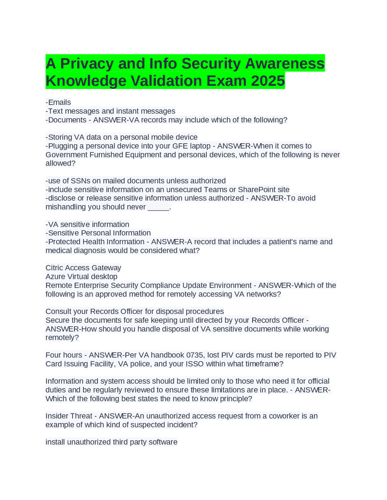 Privacy and Information Security Awareness Knowledge Validation Exam ...