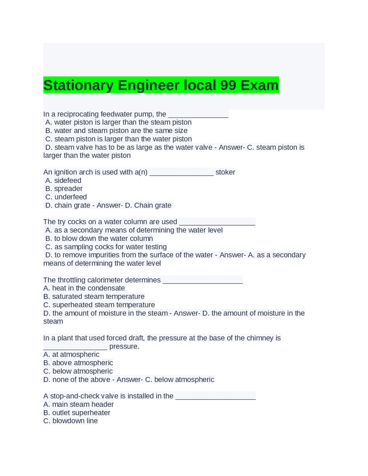Stationary Engineer local 99 Exam Questions and Answers | Exams ...