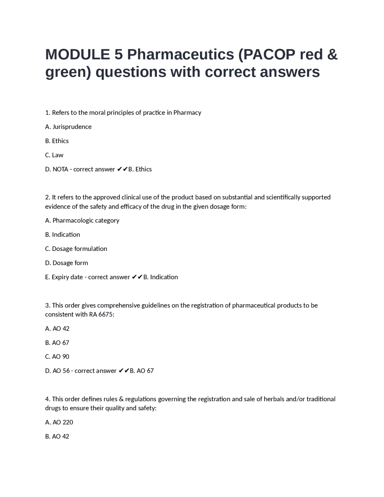 MODULE 5 Pharmaceutics (PACOP red & green) questions with correct ...