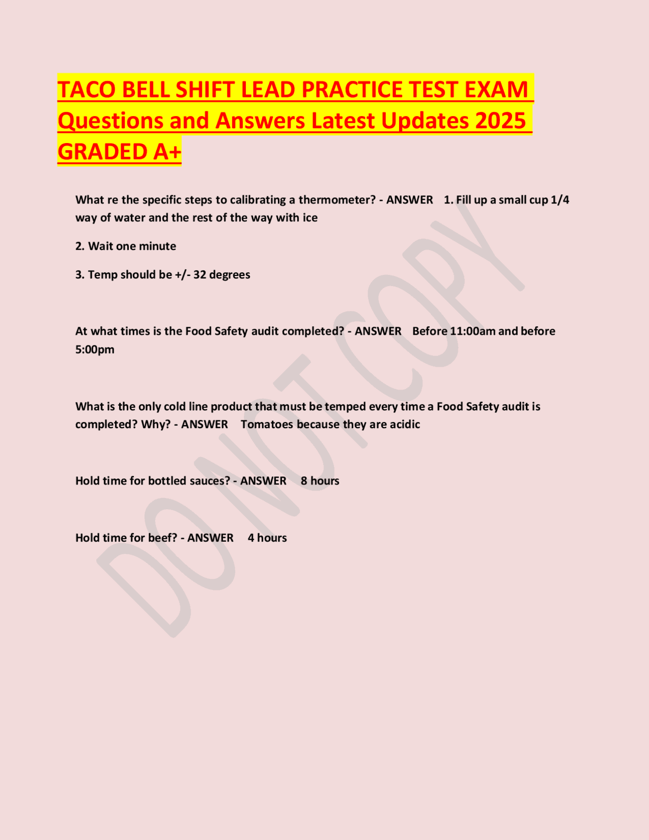 TACO BELL SHIFT LEAD PRACTICE TEST EXAM Questions and Answers Latest ...