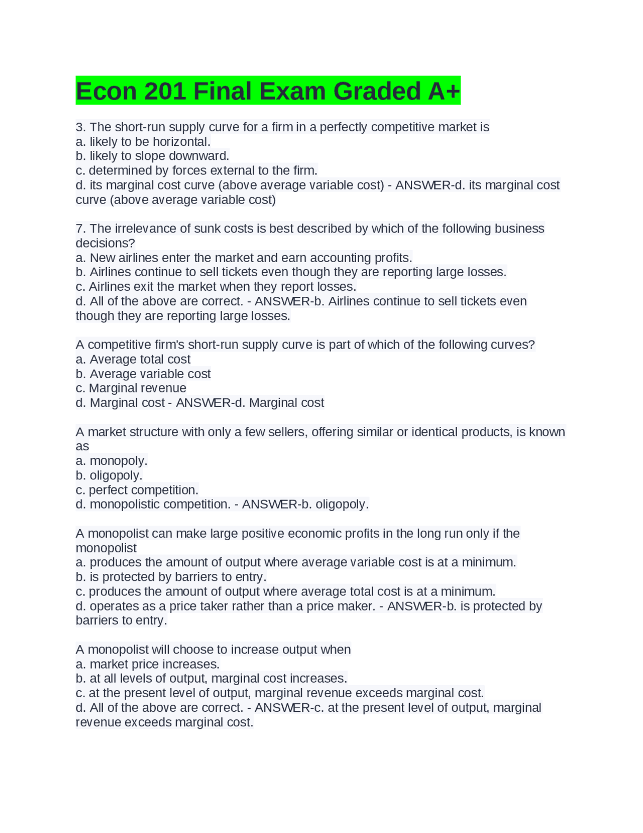 Econ 201 Final Exam: Multiple Choice Questions and Answers | Exams ...