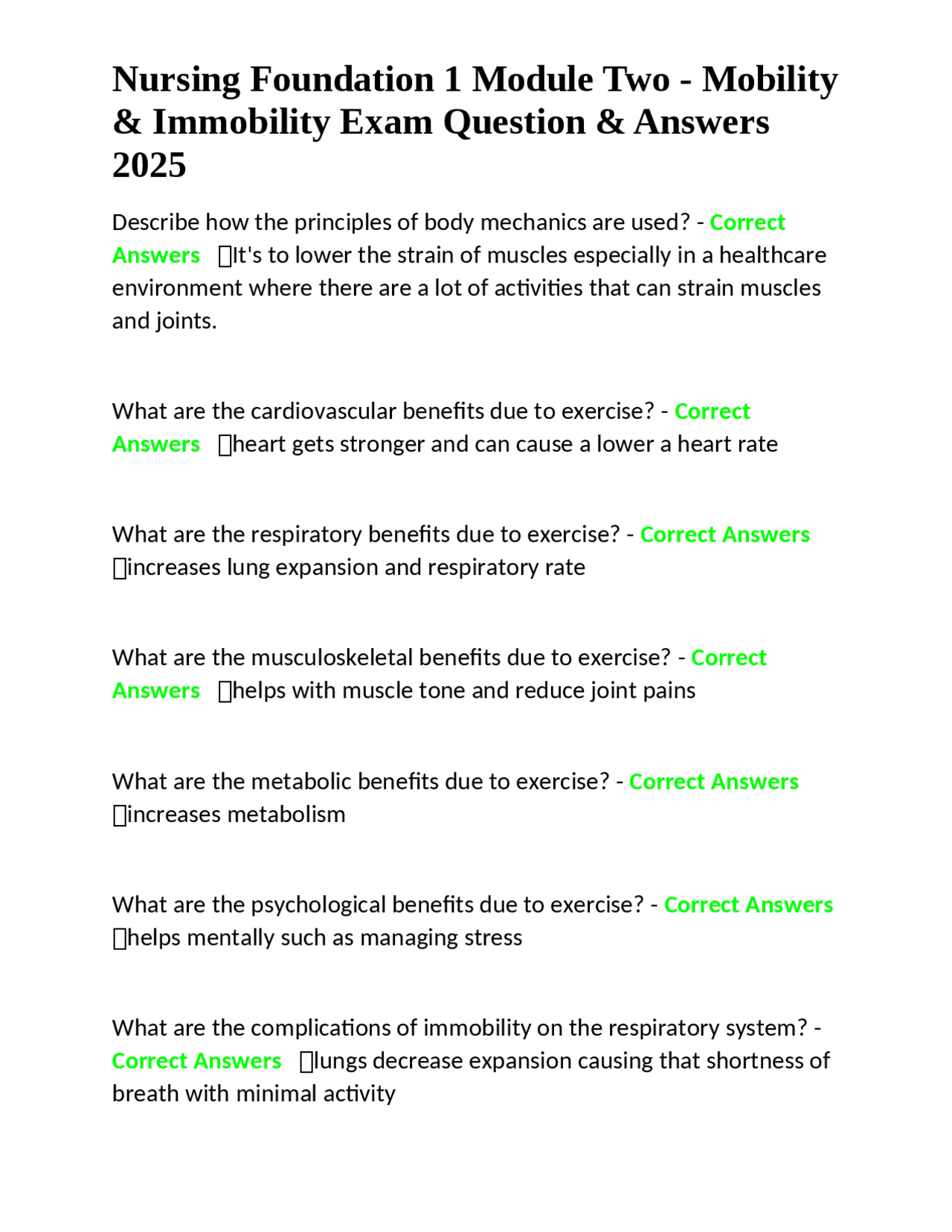 Nursing Foundation 1 Module Two - Mobility & Immobility Exam Question ...